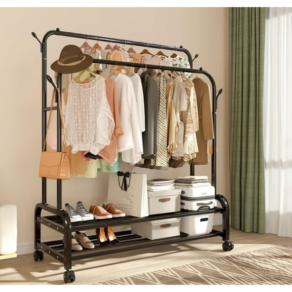 Double Rod Clothes Rack: Metal Rolling Clothing Racks for Hanging ...