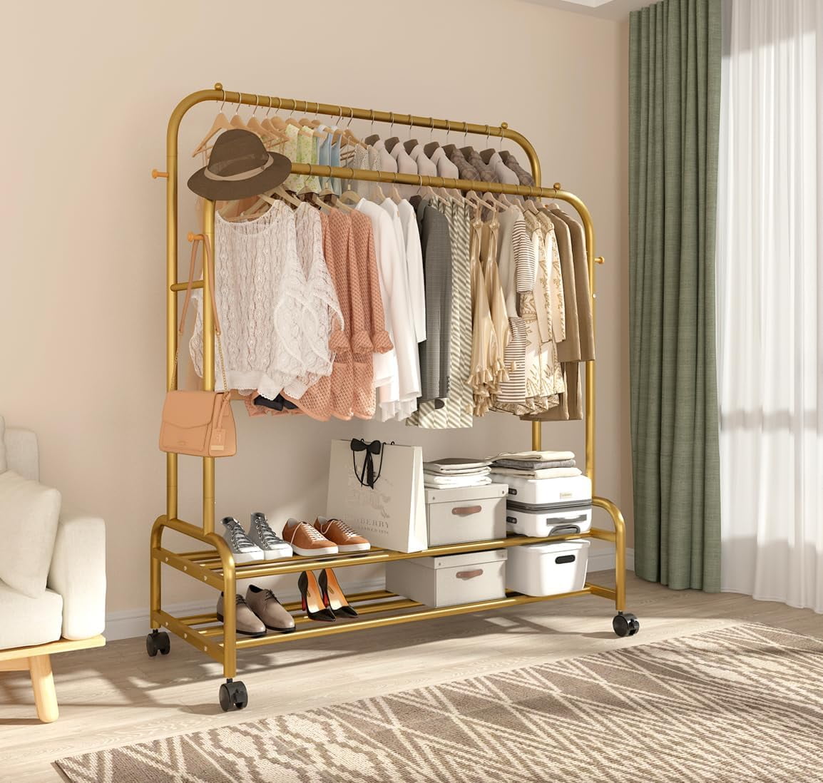 Sturdy Metal Double Rodding Clothes Rack With Wheels, Portable Clothing ...