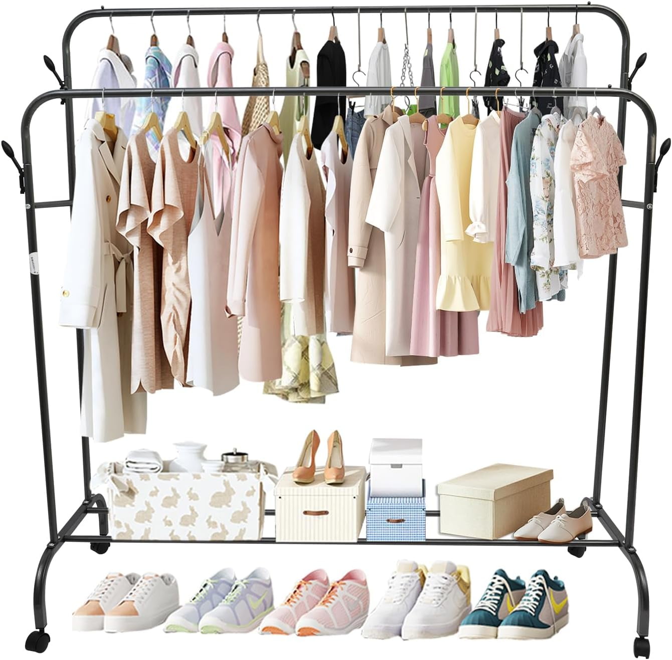 Sturdy Metal Double Rodding Clothes Rack With Wheels, Portable Clothing ...