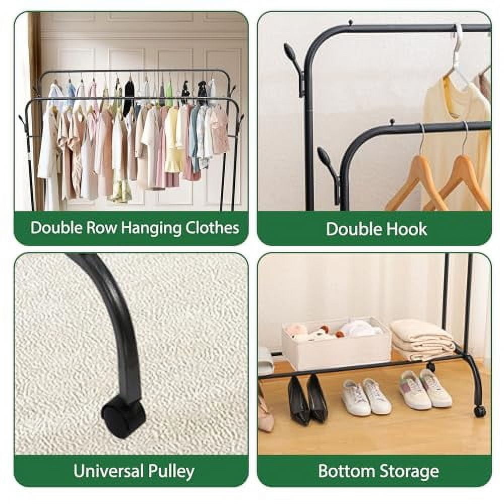 Sturdy Metal Double Rodding Clothes Rack With Wheels, Portable Clothing ...