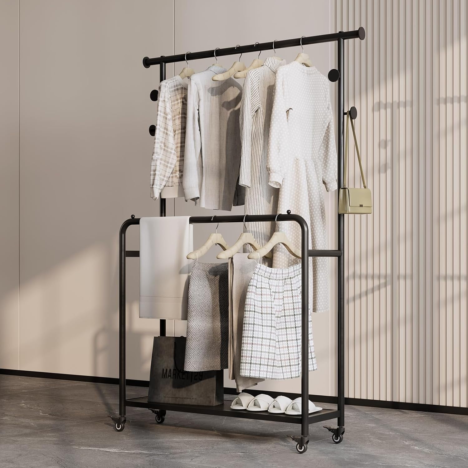 Sturdy Metal Double Rods Clothes Rack With Wheels, Rolling Clothing ...