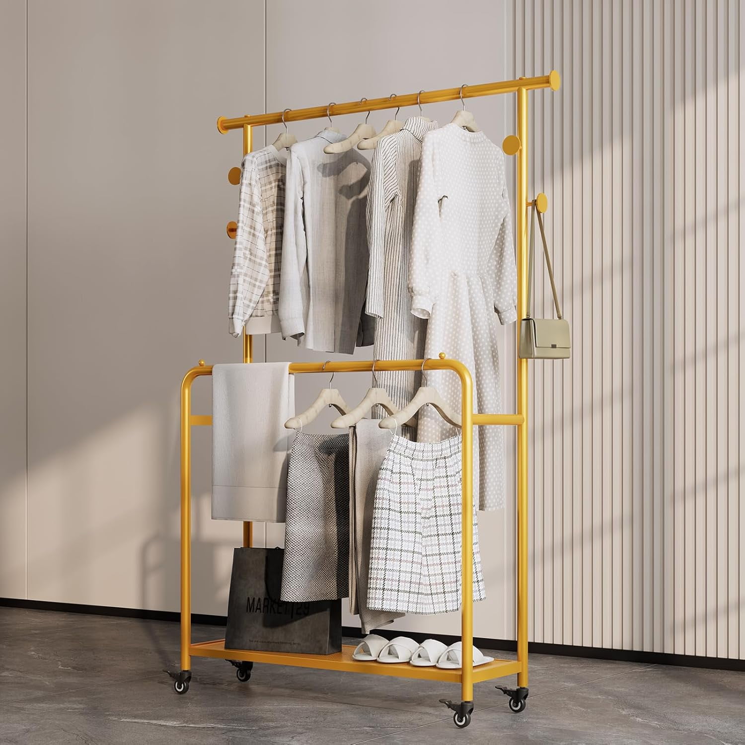 Sturdy Metal Double Rods Clothes Rack With Wheels, Rolling Clothing ...