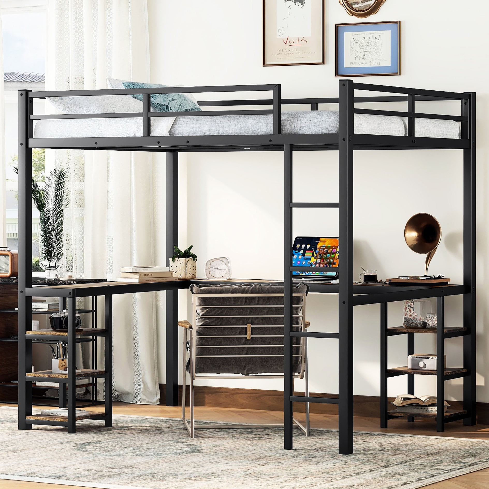 Sturdy Metal Loft Bed with L Shaped Desk for Bedroom to Save Space and ...