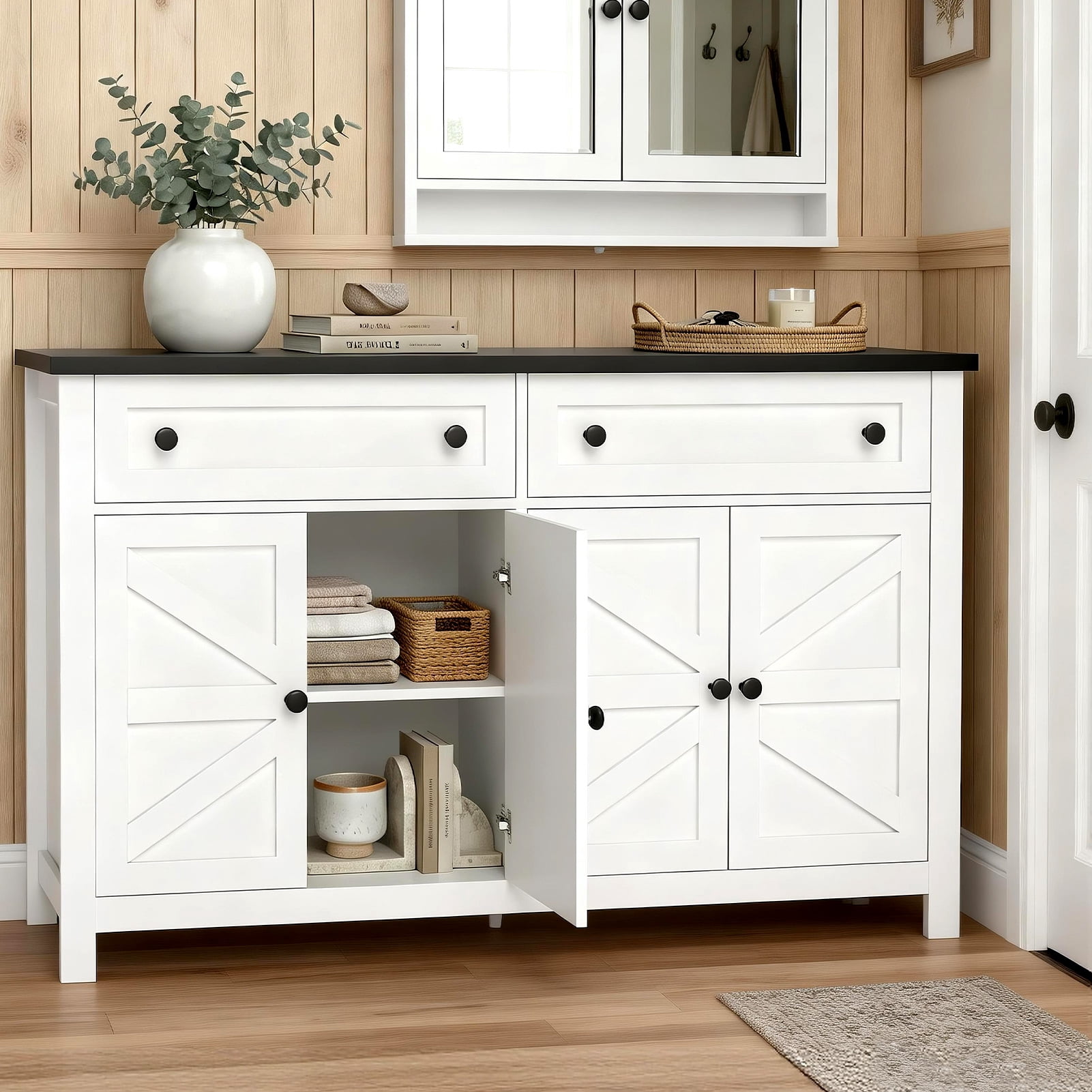 Sturdy Modern Farmhouse Sideboard Buffet Cabinet, 2 Drawers 4 Doors ...