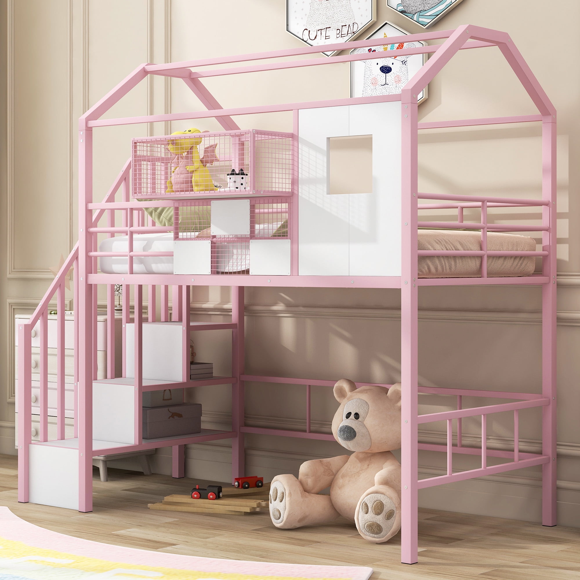 Sturdy Pink Twin Size Loft Bed with Roof Frame and Guardrails - Walmart.com
