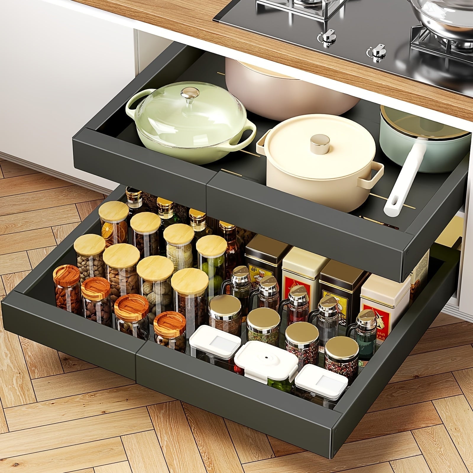 1 Tier Pull Out Cabinet Organizer, 21" Deep Adjustable Expandable Heavy ...