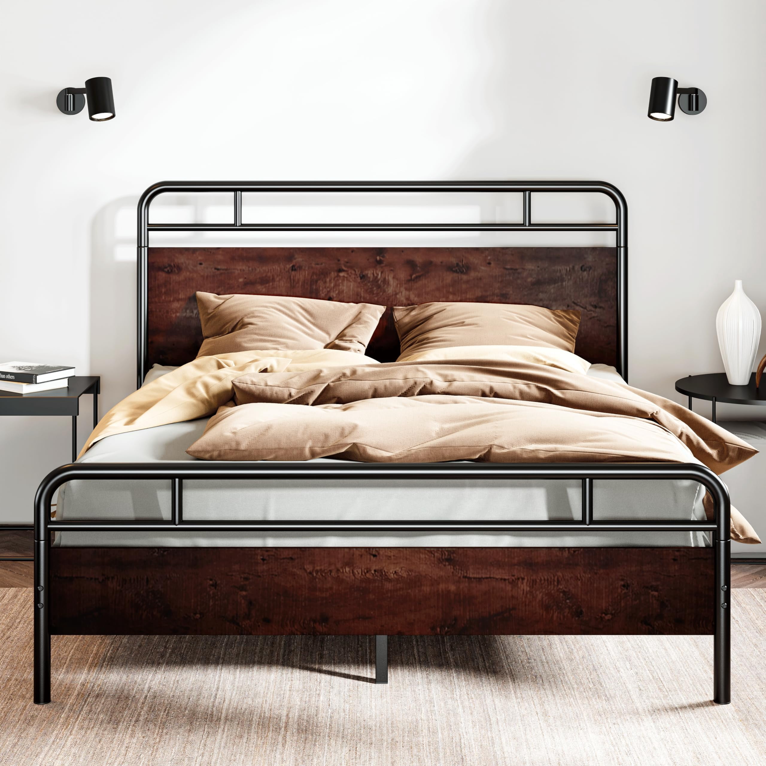Sturdy Queen Size Bed Frame Wooden Headboard Footboard, Industrial ...