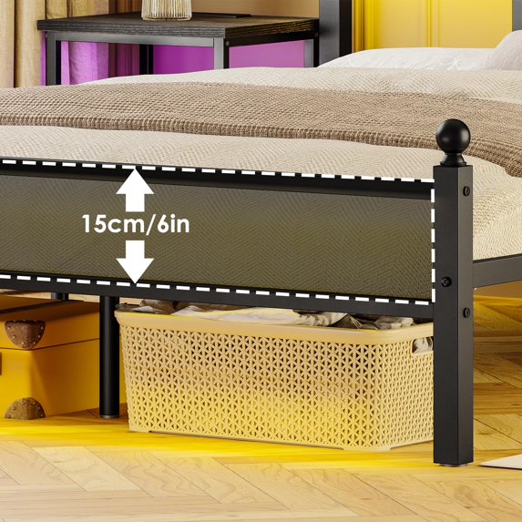 Sturdy Queen Size Bed Frame with Charging Ports, Modern Black Metal ...