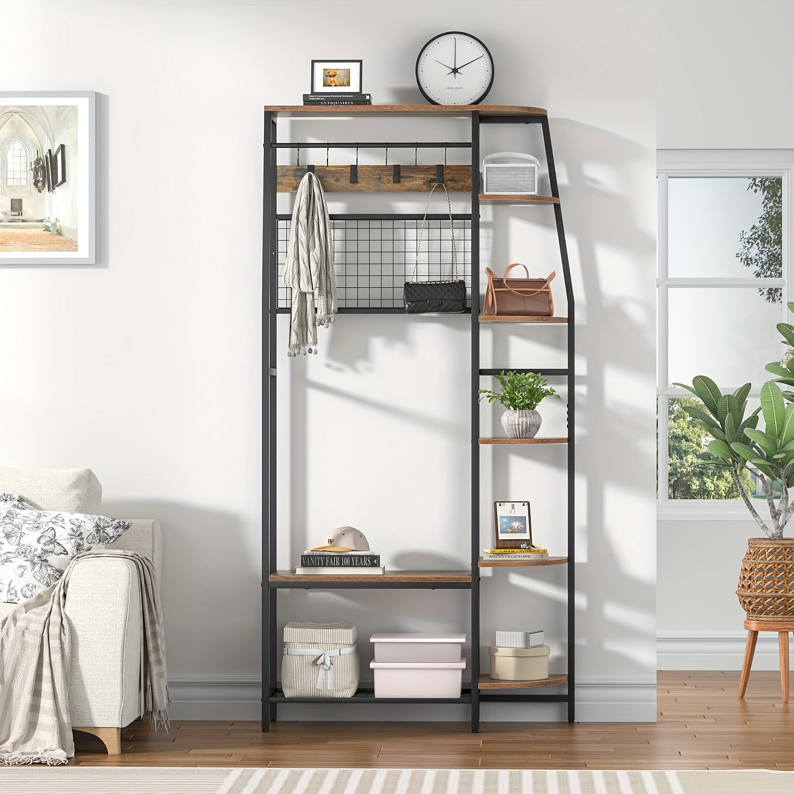 Sturdy Rustic Brown Hall Tree with 5 Shelves and 4 Hooks, Hardwood and ...