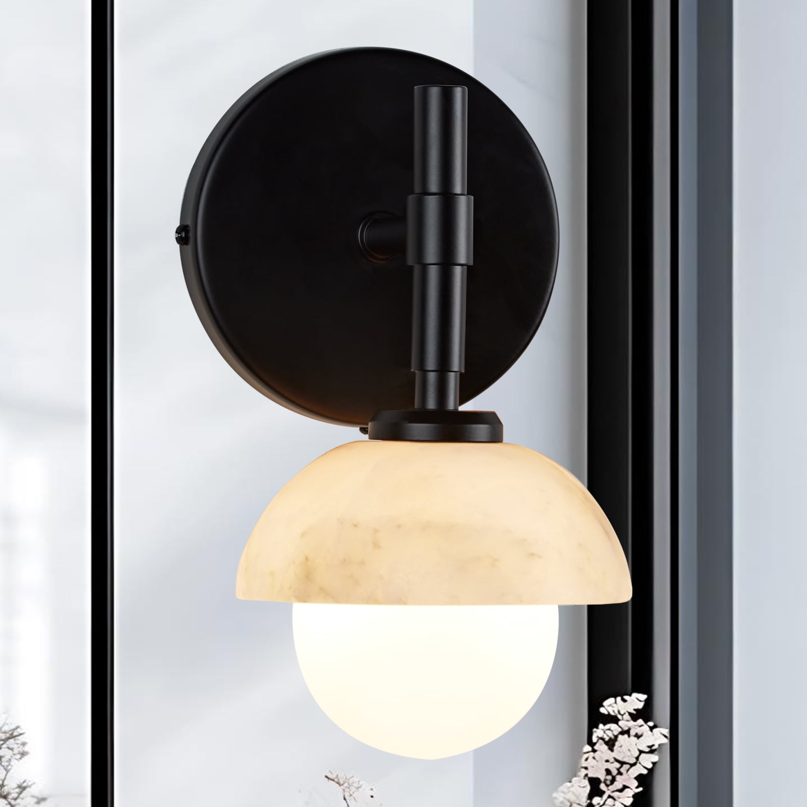 Sturdy Single Matte Black Alabaster Vanity Light, Natural Wall-Mounted ...