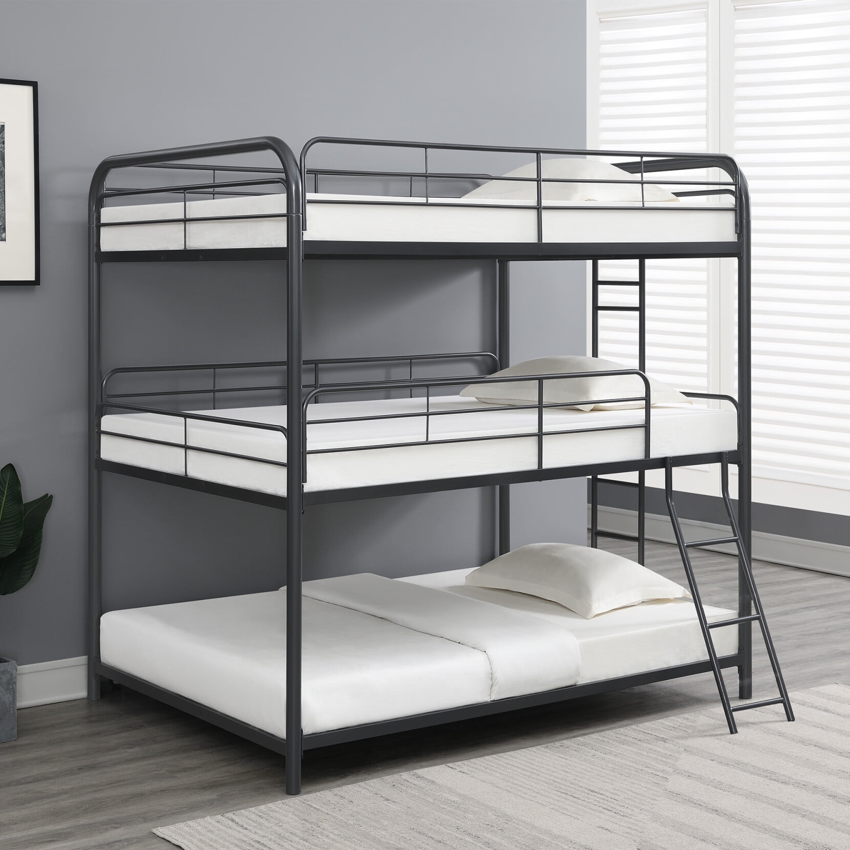 Sturdy Steel Triple Bunk Bed with Safety Rails & Ladder, Space-Saving ...