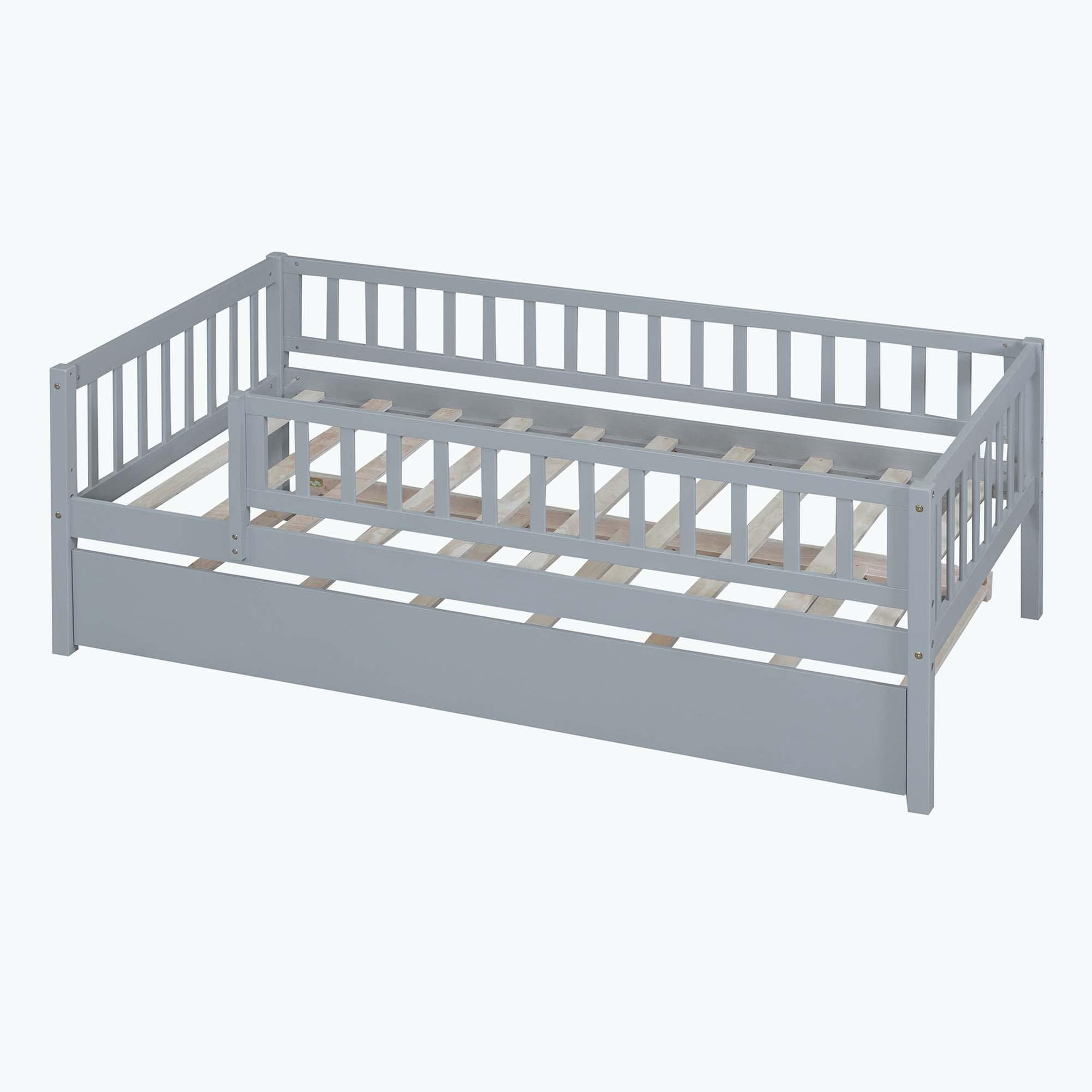 Sturdy Wood Daybed with Trundle and Fence Guardrails Grey-Twin Size ...