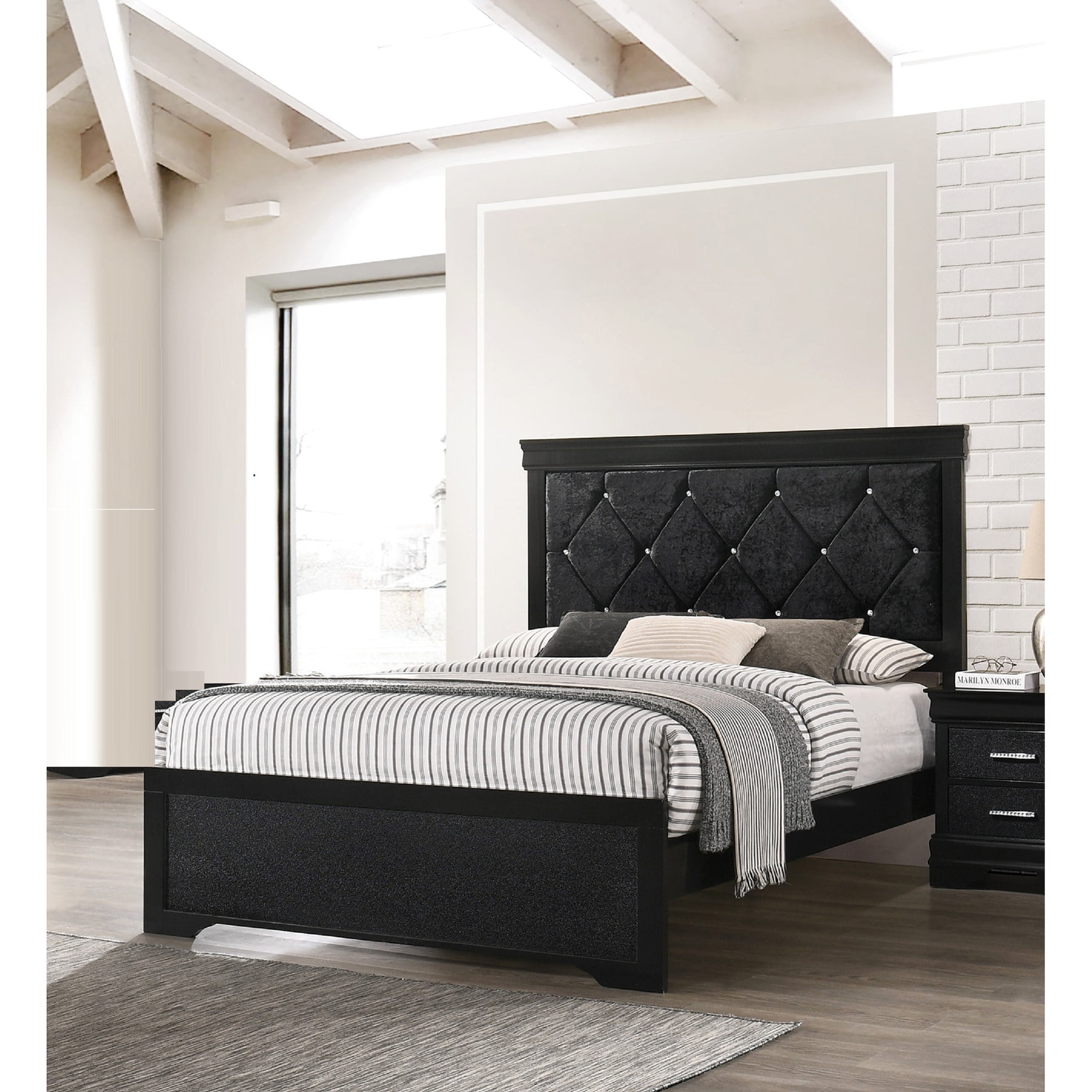 Sturdy Wood Panel Bed | Crystal - like Tufted Design | Bedroom ...