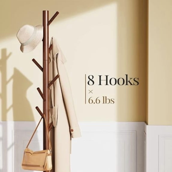 Sturdy Wooden Coat Tree with 8 Hooks, 3 Adjustable Sizes for Clothes ...