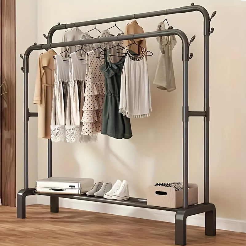Sturdy metal double rod clothes hanger with wheels, portable clothes ...