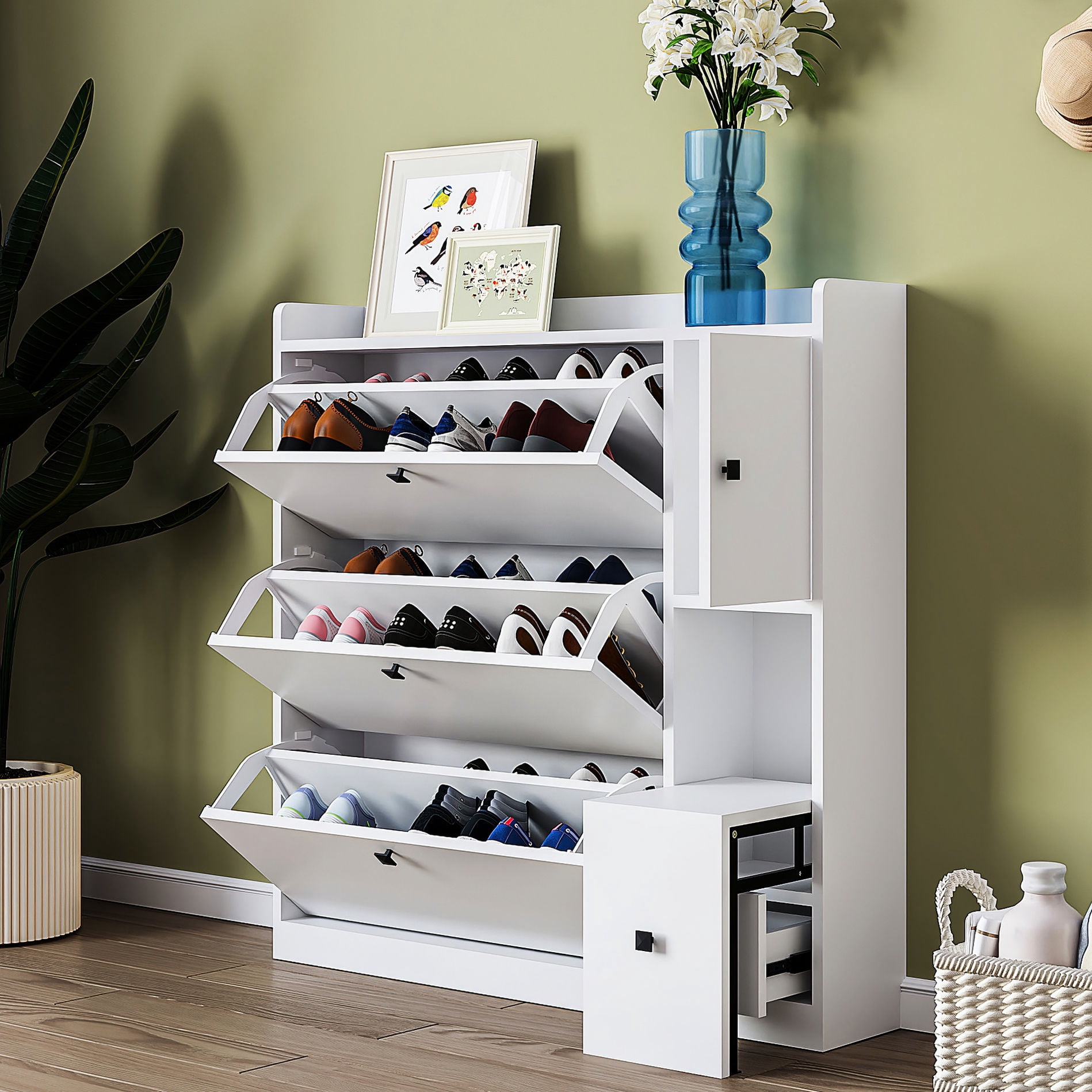 Sturdy white shoe organizer made of particle board and MDF, with 4 ...