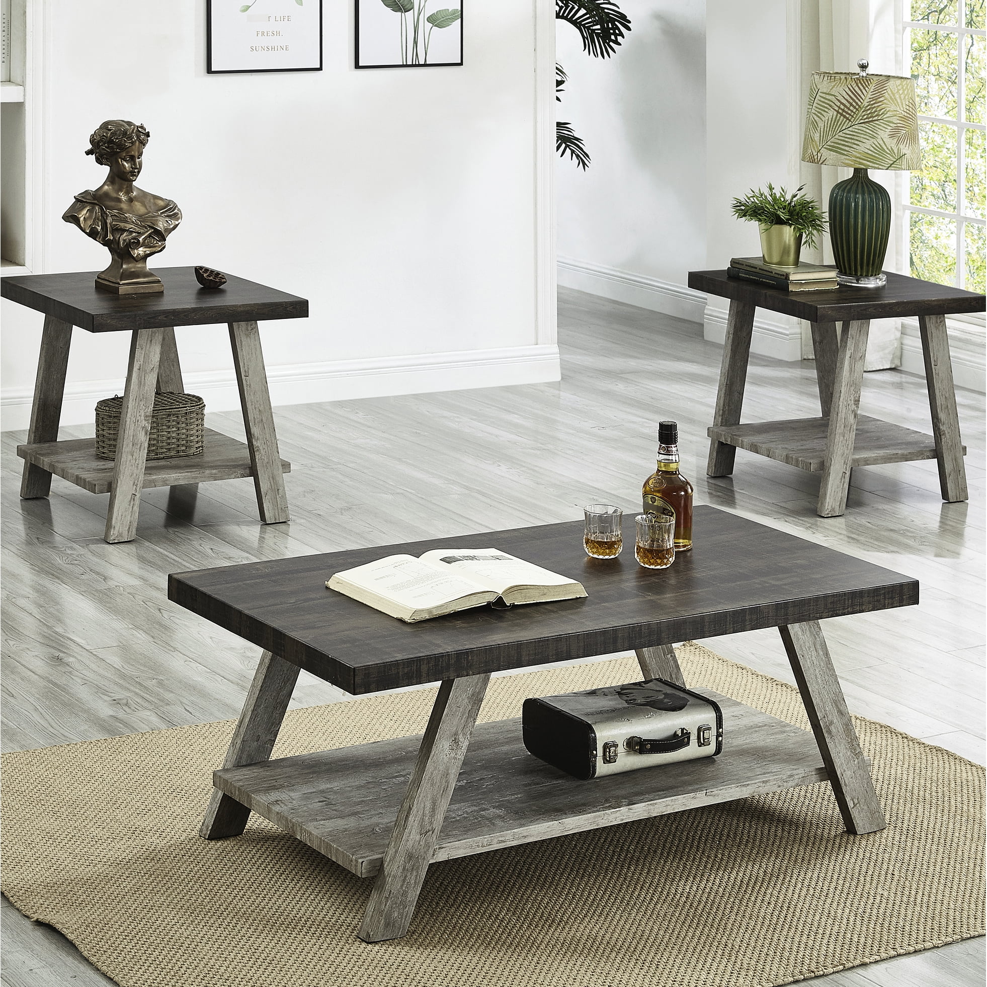 Style 3 Wood Table With Shelf In Walnut Gray Contemporary - Walmart.com