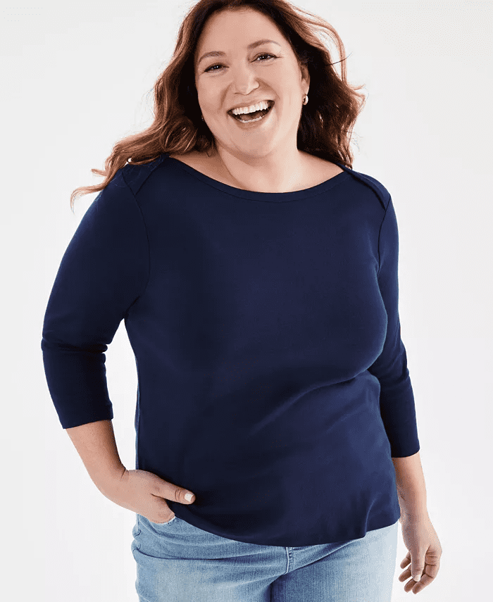 Style & Co INDUSTRIAL BLUE Women's Plus Size Pima Cotton 3/4-Sleeve Top ...