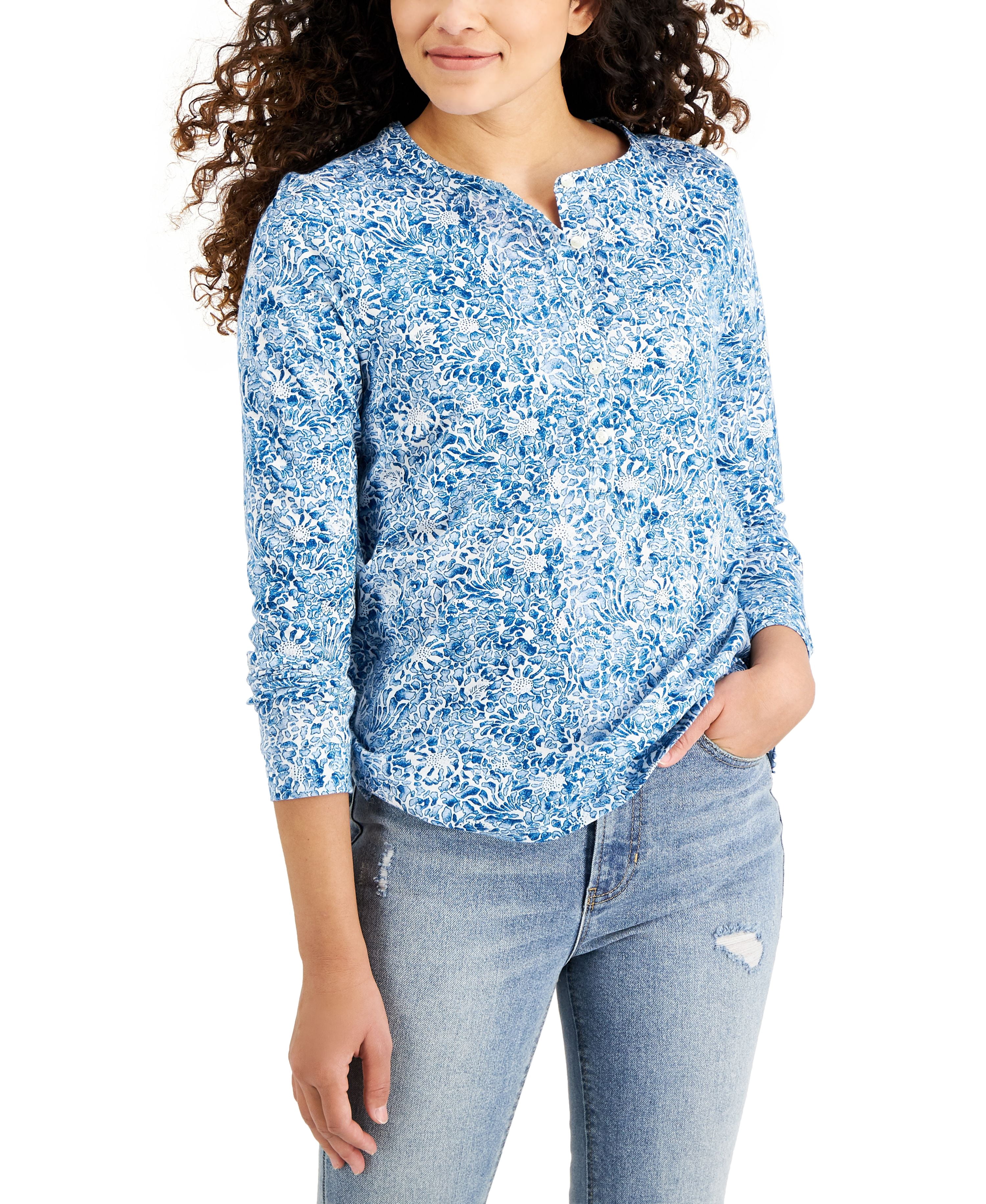 Style & Co Petite Printed Cotton Top Blue Floral PS - Walmart.com