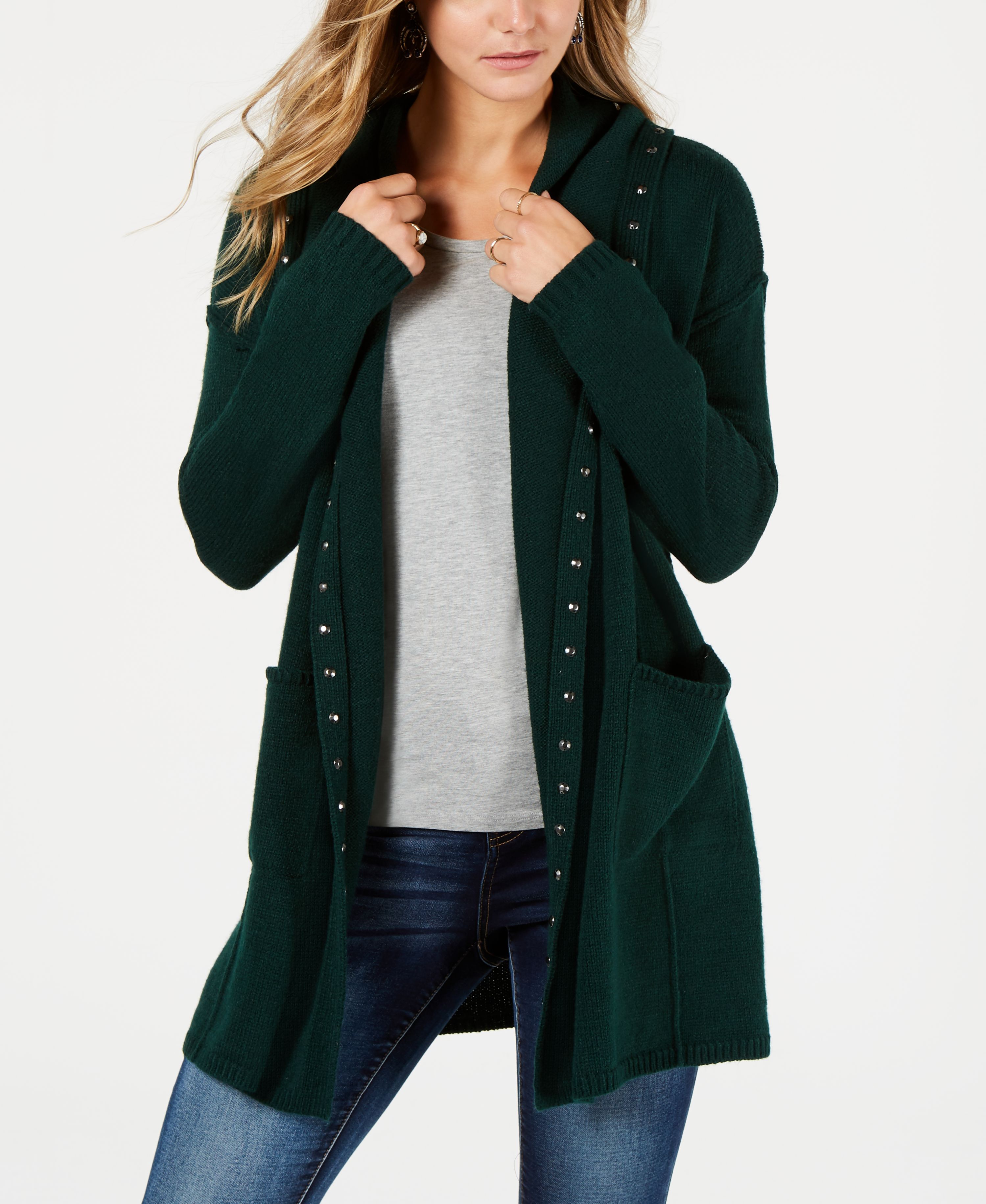Style & Co Petite Stud Trim Hooded Cardigan Deep Pine PXL - Walmart.com