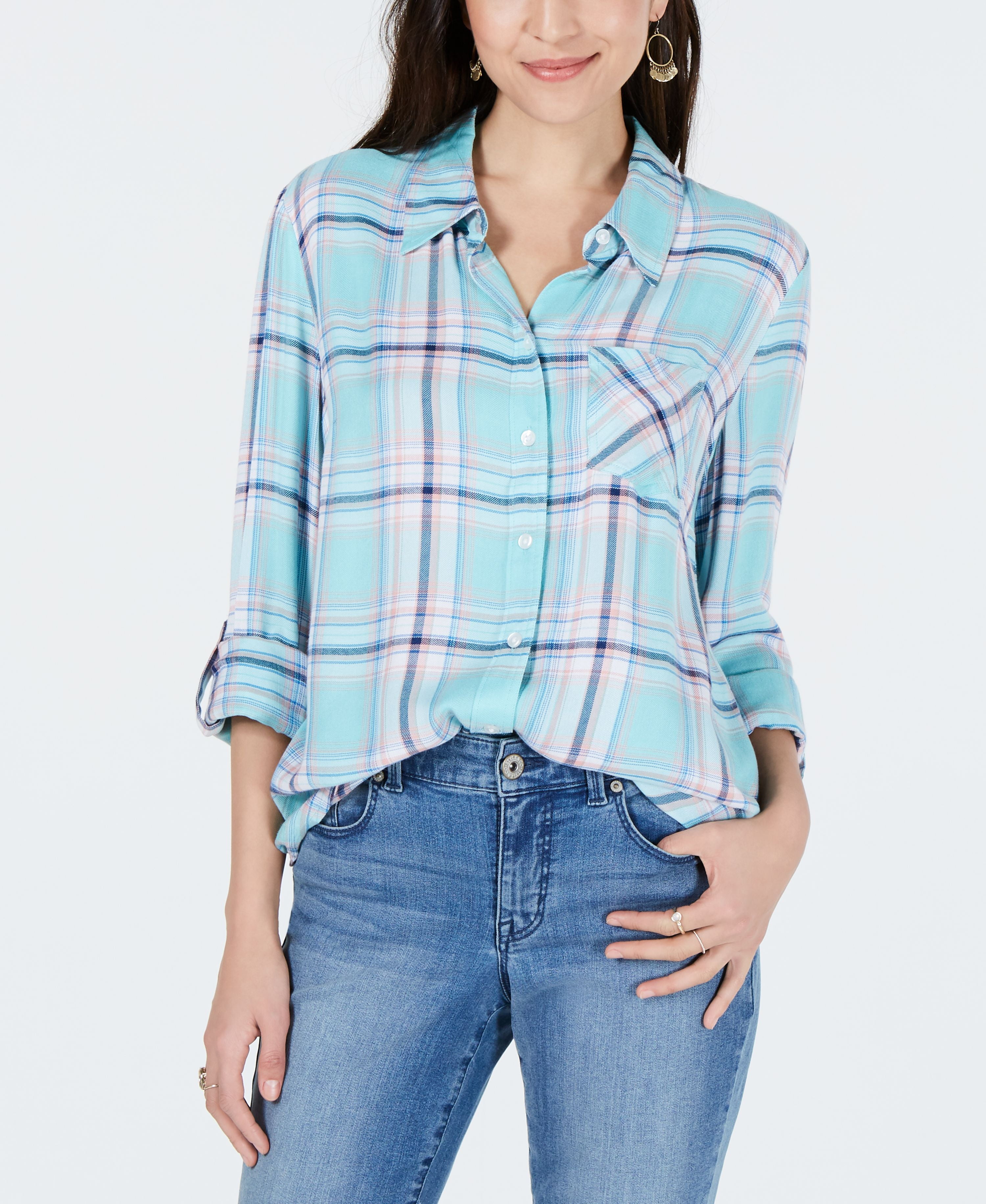 Style & Co Plaid Roll Tab Shirt Coastal Vibes M - Walmart.com