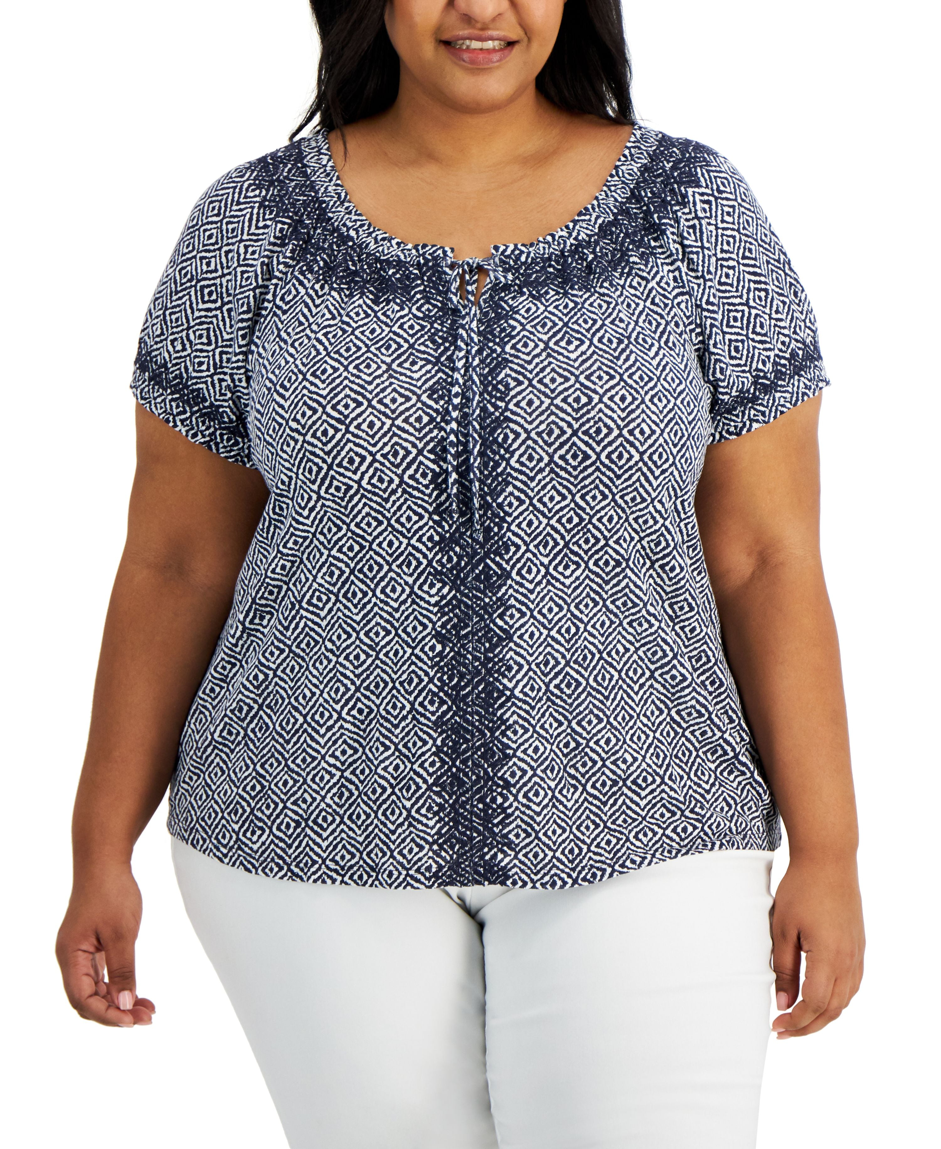 Style & Co Plus Size Embroidered Puff Sleeve Top Blue Ikat Breeze 3X ...