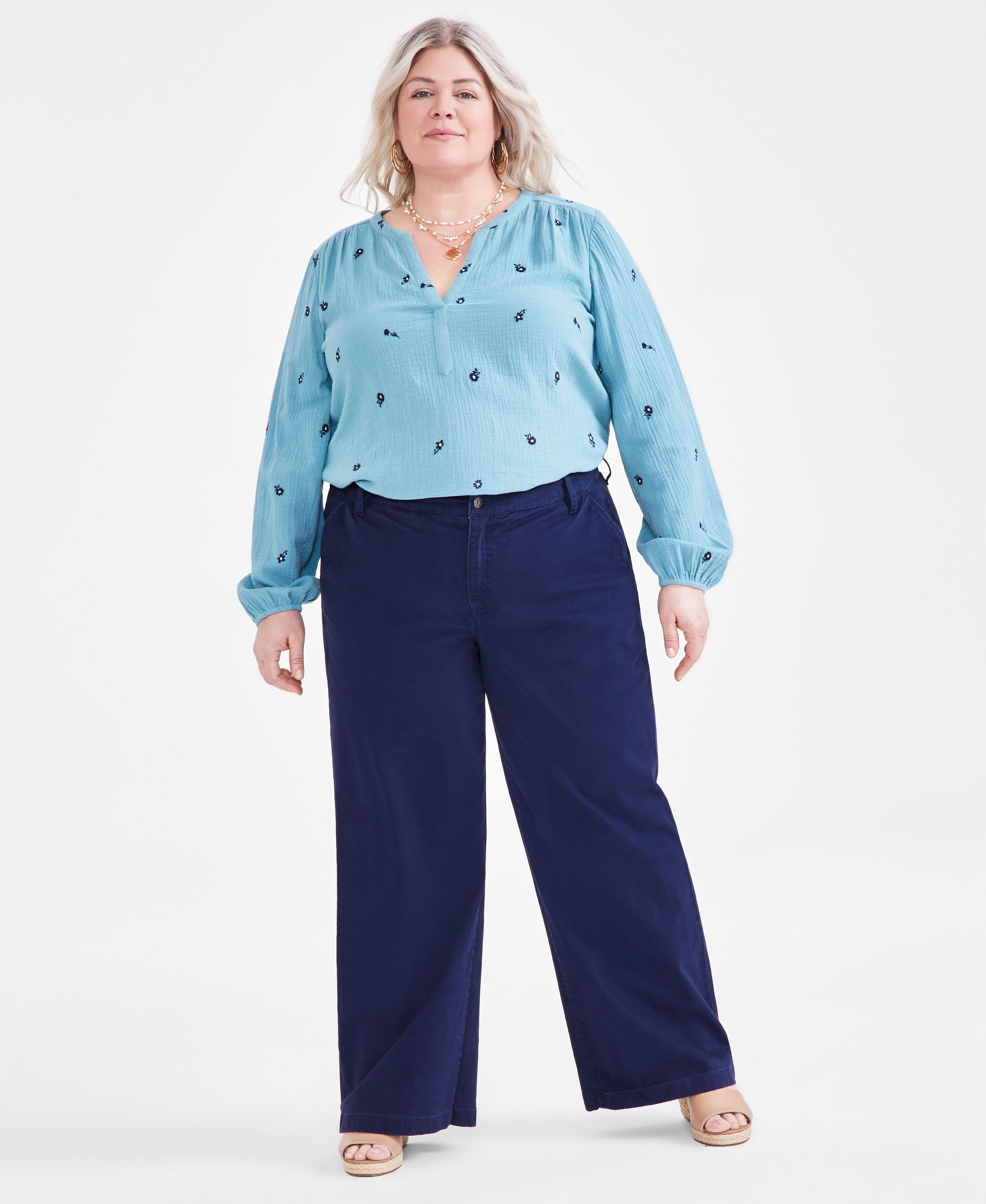 Style & Co. Plus Size High-Rise Wide-Leg Twill Pants Industrial Blue ...