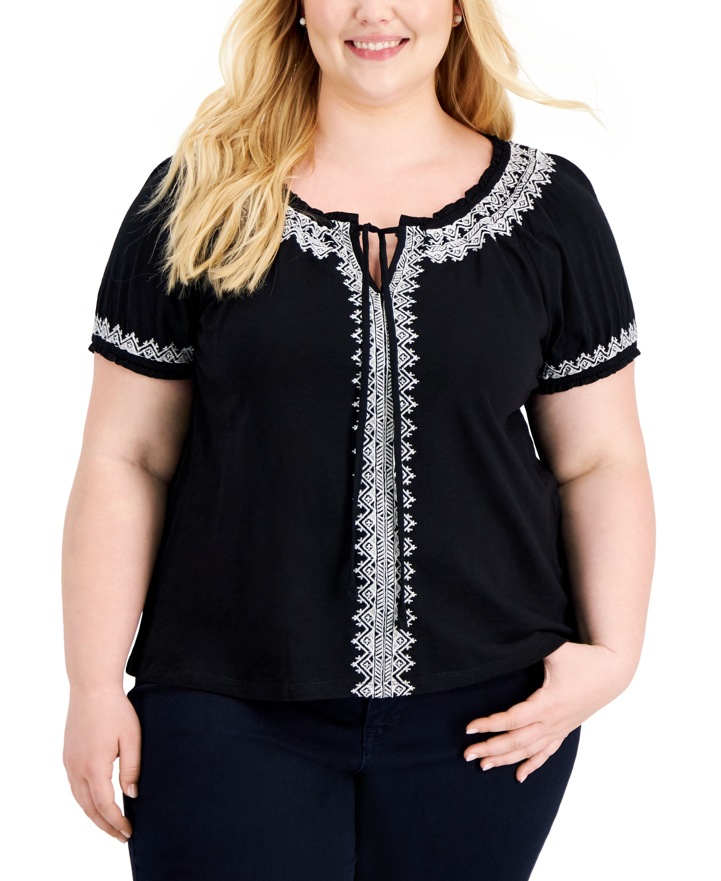 Style & Co Plus Size Tie Neck Top Deep Black 0X - Walmart.com