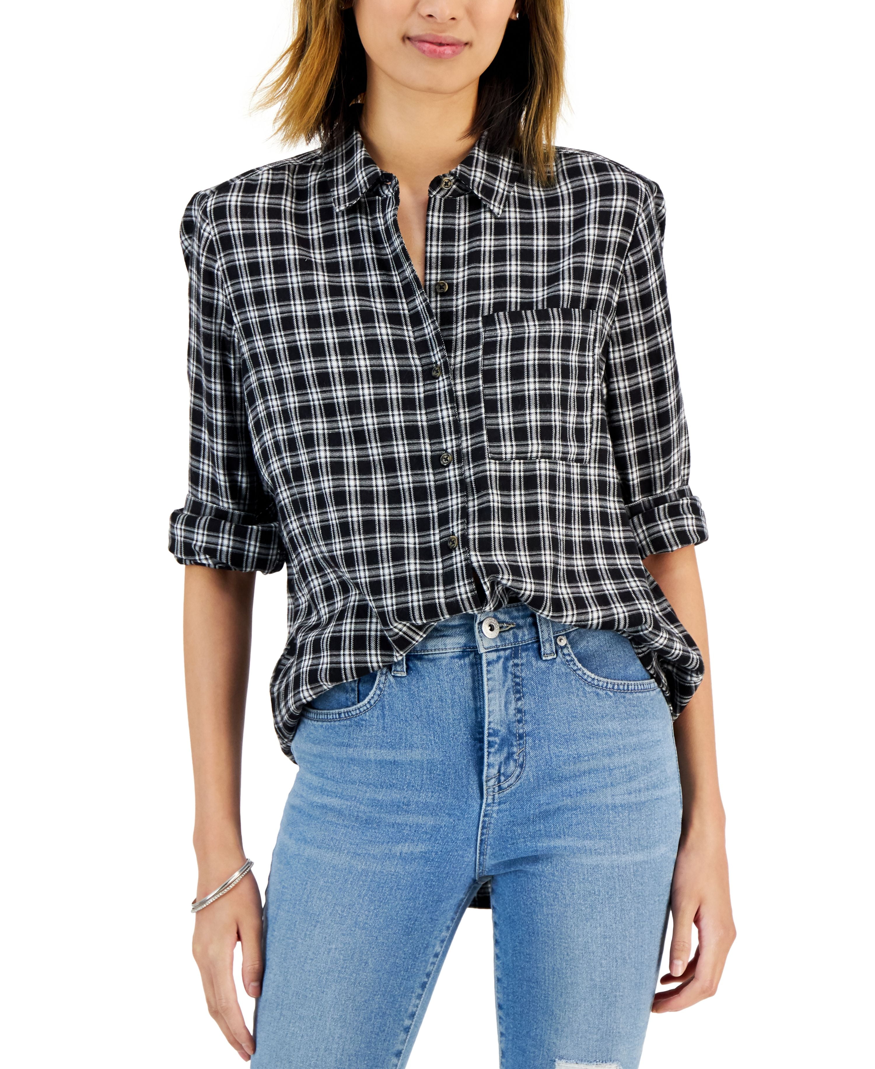 Style & Co Womens Cotton Plaid Button Front Shirt Deep Black M ...