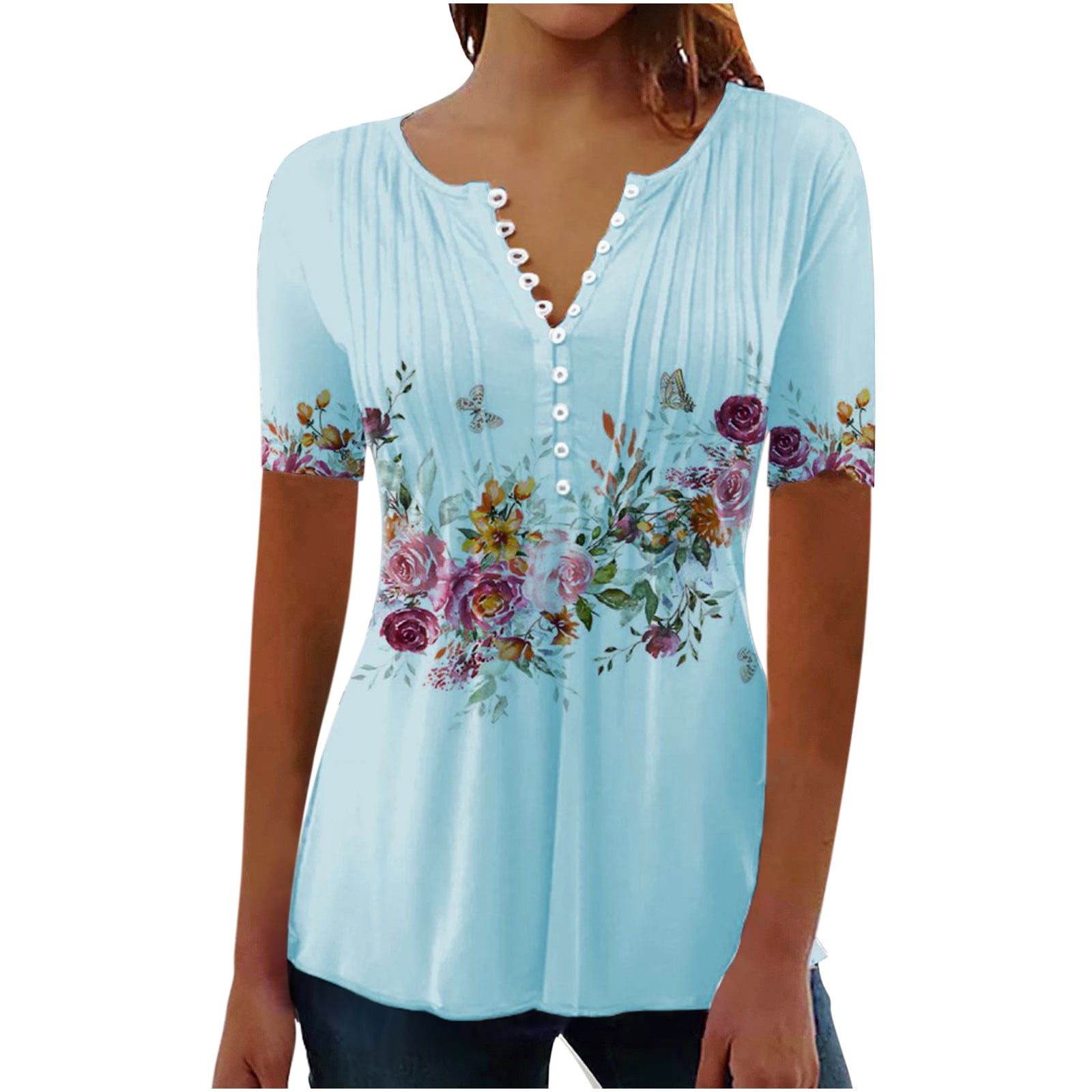Style Oalirro Summer Floral Blue Blouse for Women, Ladies Blue Tops (XL ...