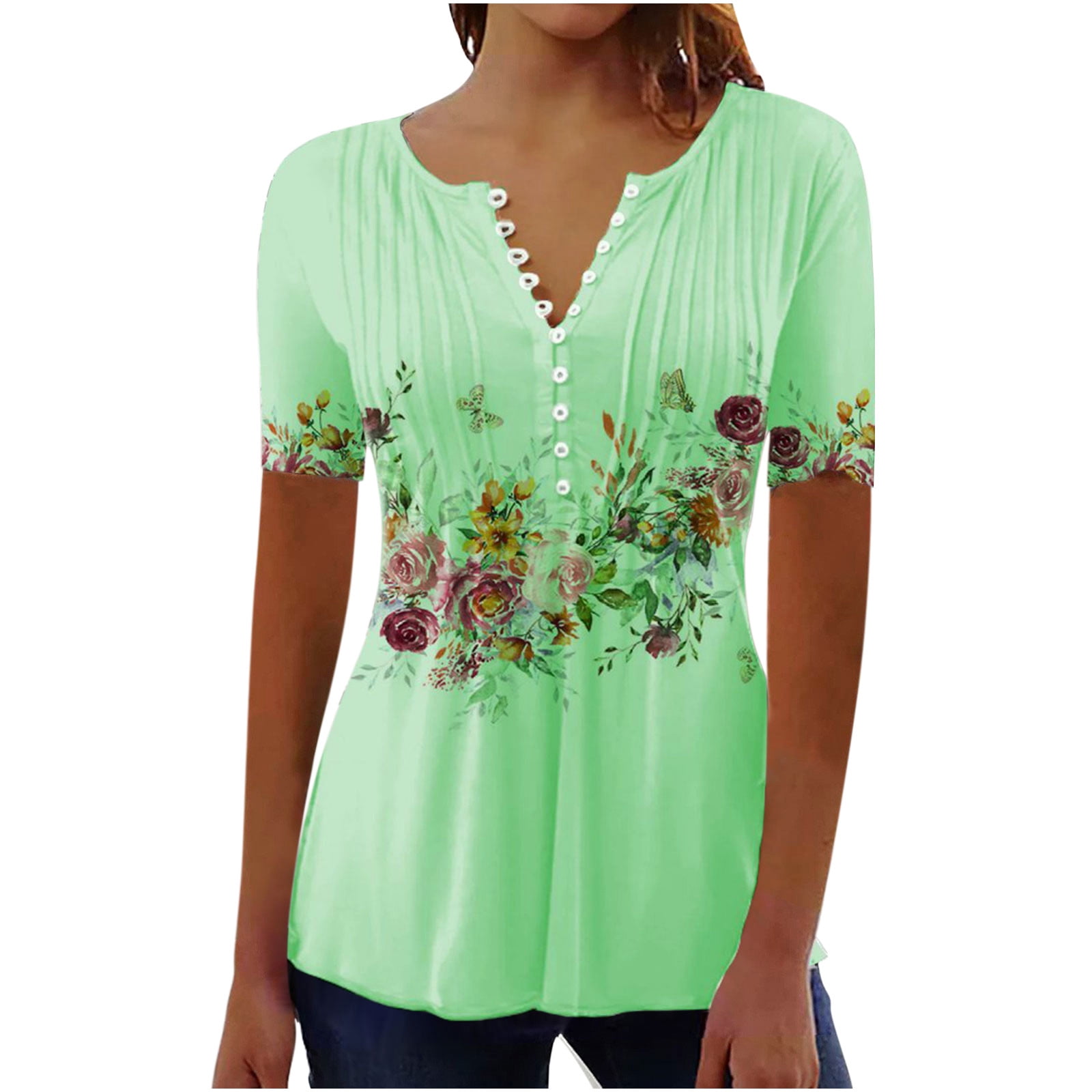 Style Oalirro Summer Floral Green Blouses for Women - Ladies Green Tops ...