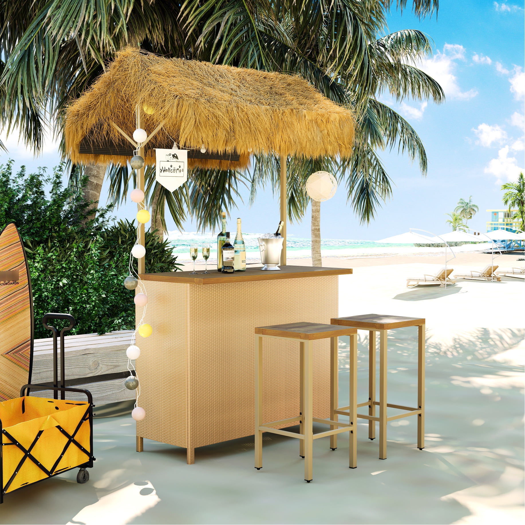 Style Outdoor Bar Configuration, Pe Grass Canopy Installed, Wood ...