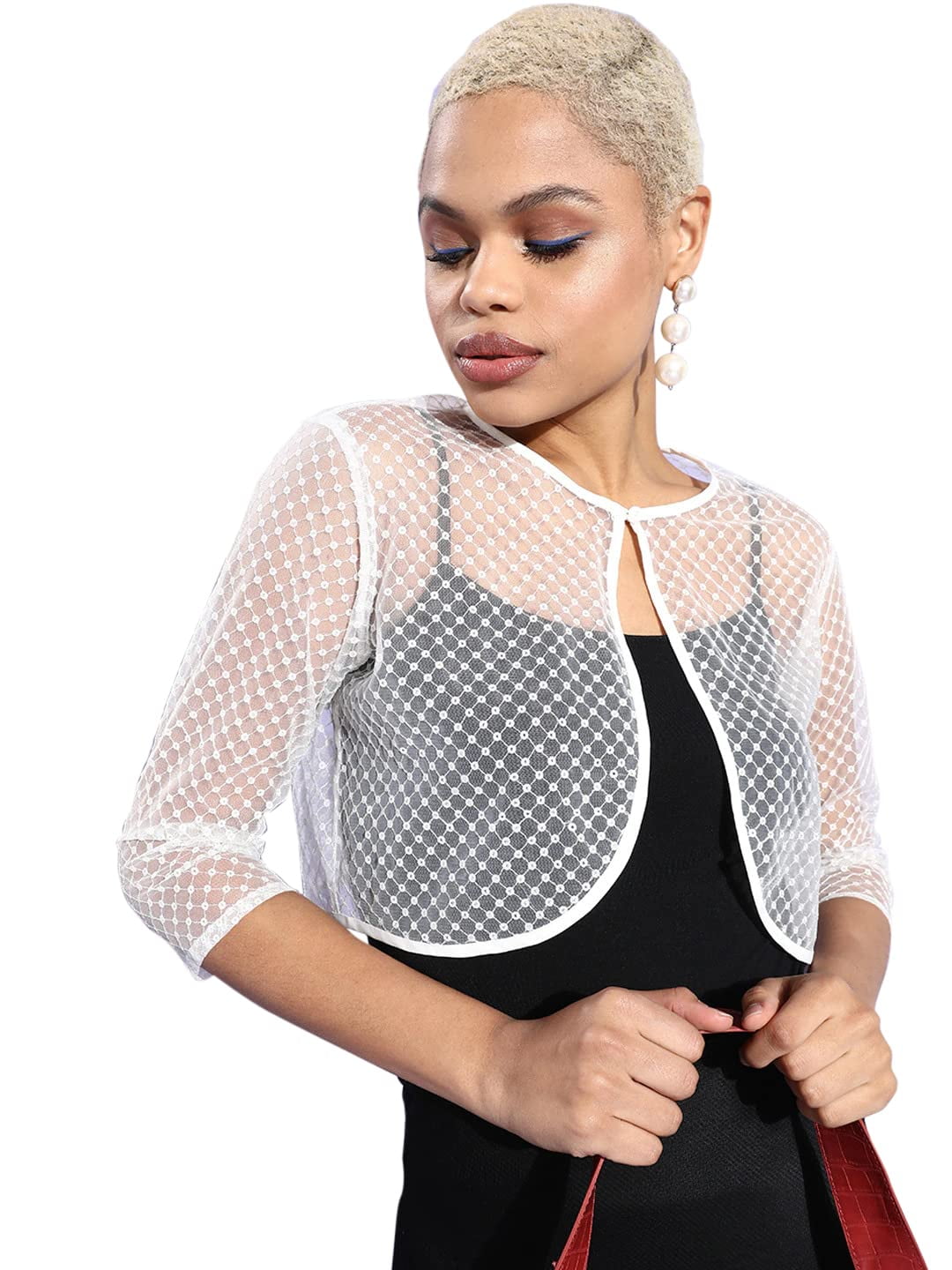 Style Quotient Women White Party Sheer Sequinned Crop Button Shrug ...