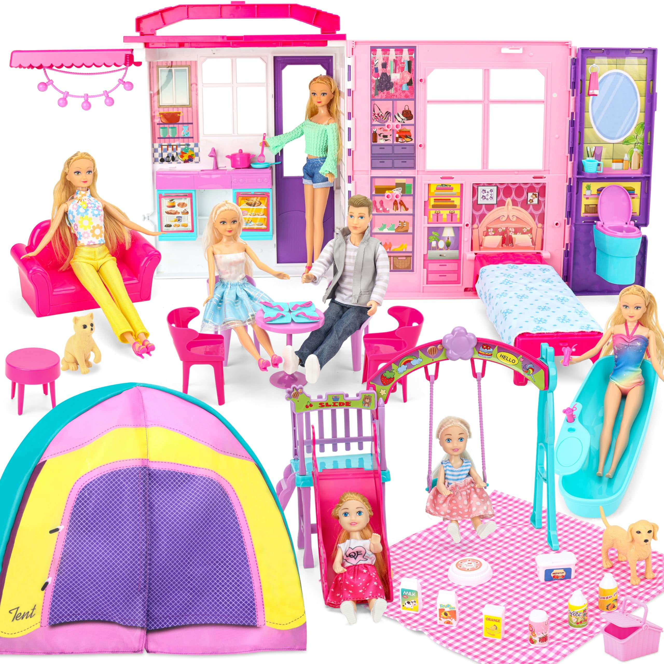 Style Shine Doll House Portable & Foldable Dollhouse w/ 60+ Pcs & 2 ...