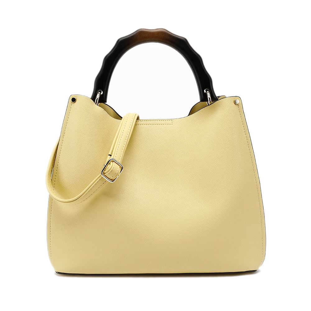 Style Strategy wooden handle Leather hangbag for women Pocket Purse ...