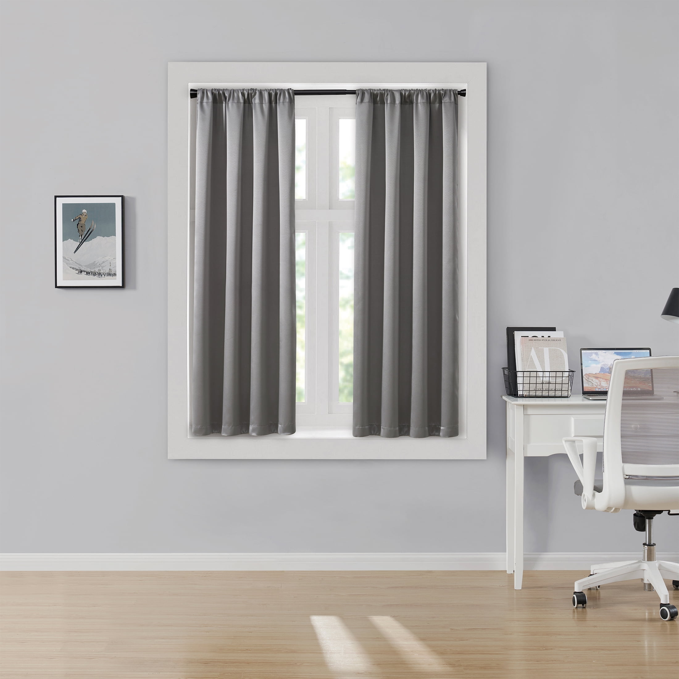 Style U 3-Piece Tension Rod and Grey Solid Rod Pocket Room Darkening ...