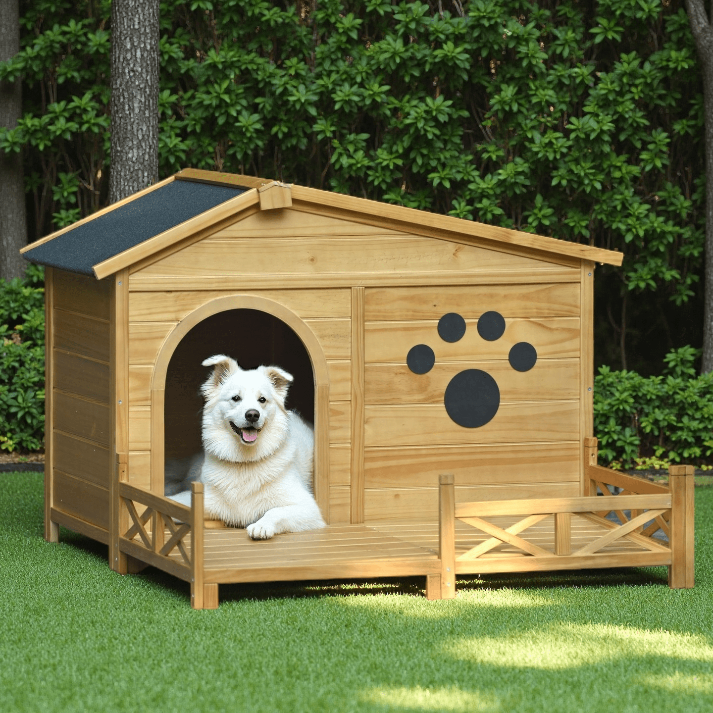 StyleSack Cabin Dog Bed House with Porch, Solid Wood Outdoor Shelter ...