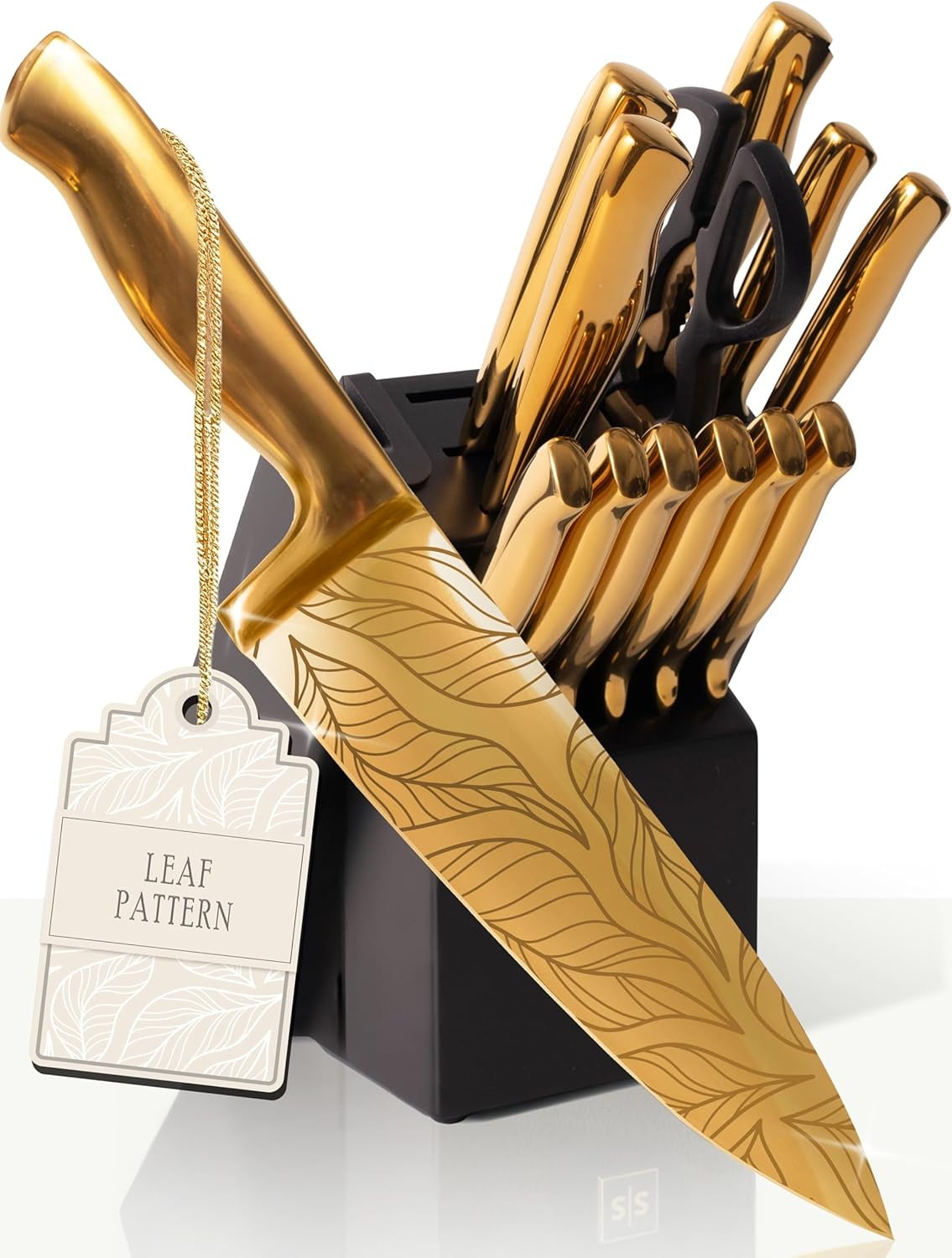 Styled Settings 14-Piece Gold Knife Set with Block and Built-In ...