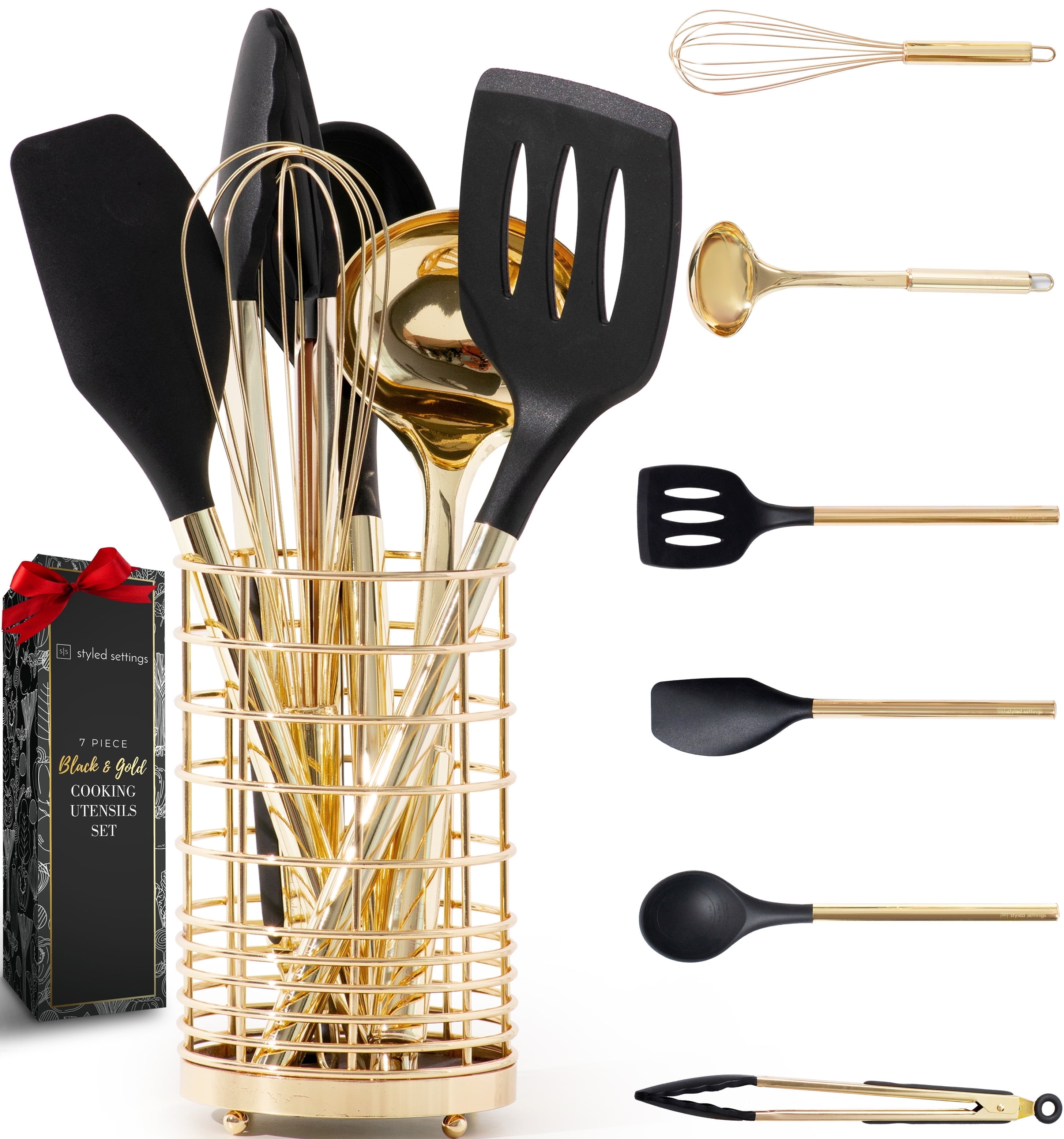 Styled Settings 7PC Black and Gold Cooking Utensils Set with Holder ...