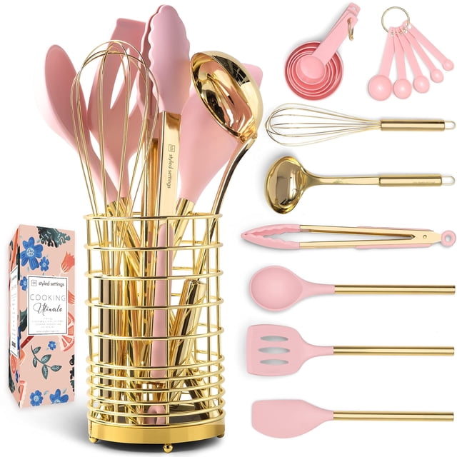 Free Shipping! Styled Settings Gold & Pink Silicone Kitchen Utensils ...