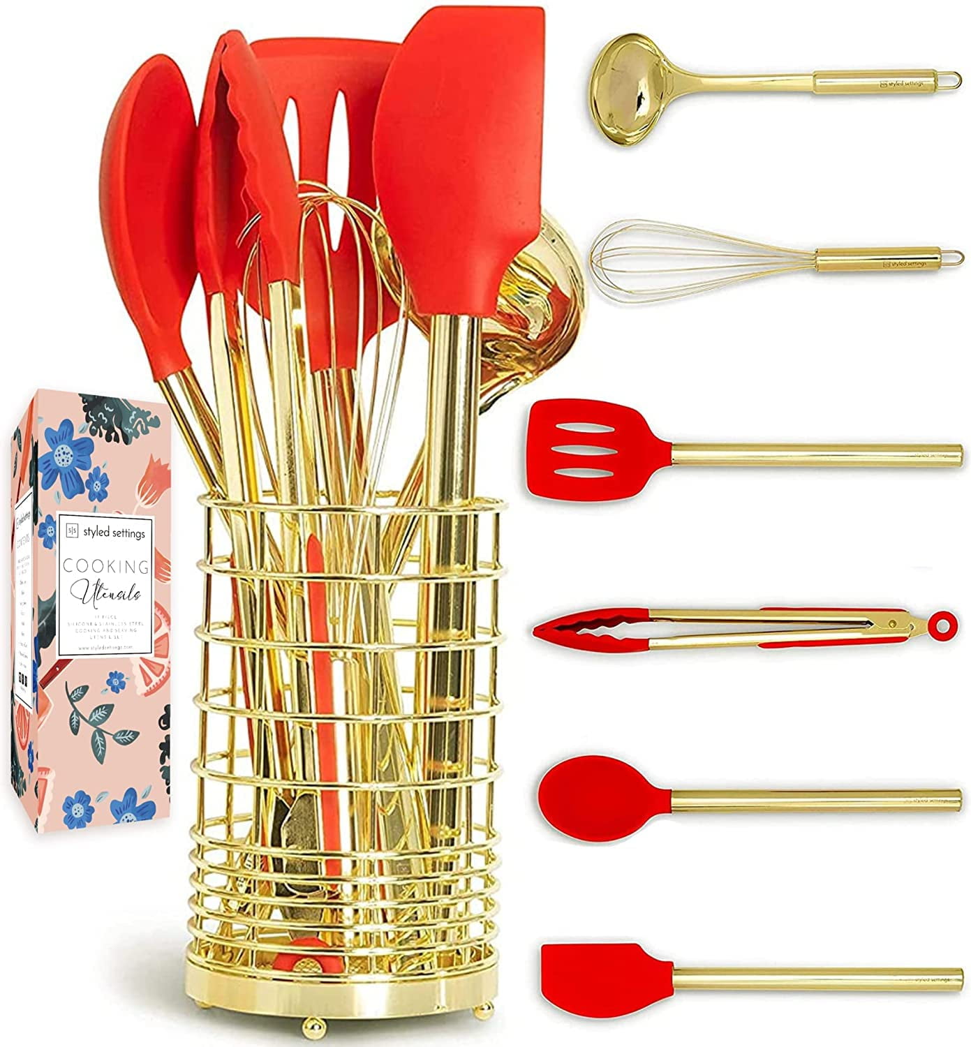 Styled Settings Gold & Red Silicone Kitchen Utensils Set with Holder ...