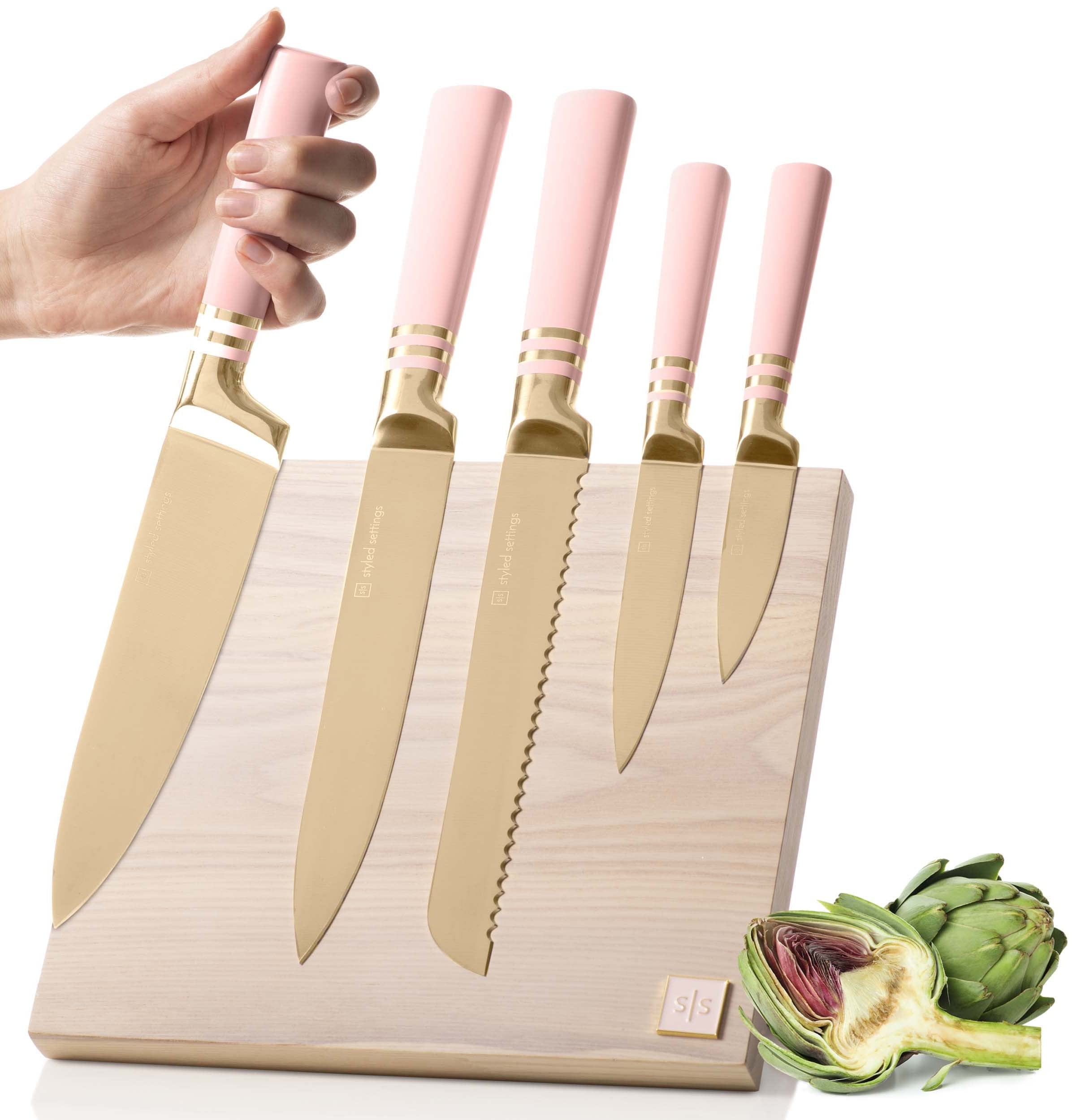 Styled Settings Pink Knife Set with Magnetic Knife Block - 6 PC Pink ...