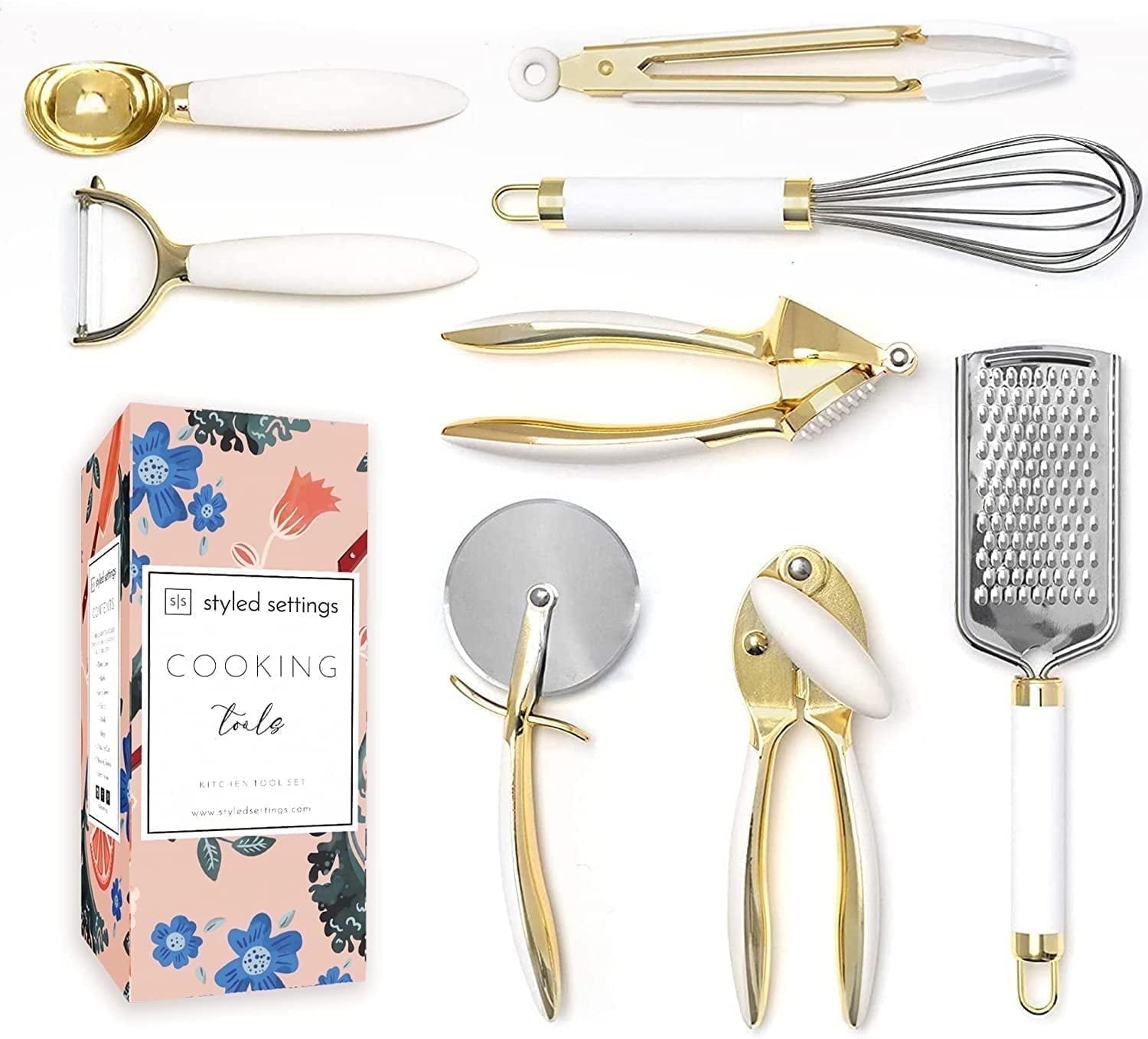Luxe 8PC Gold & White Kitchen Tools and Gadgets Set with Anti-Slip ...