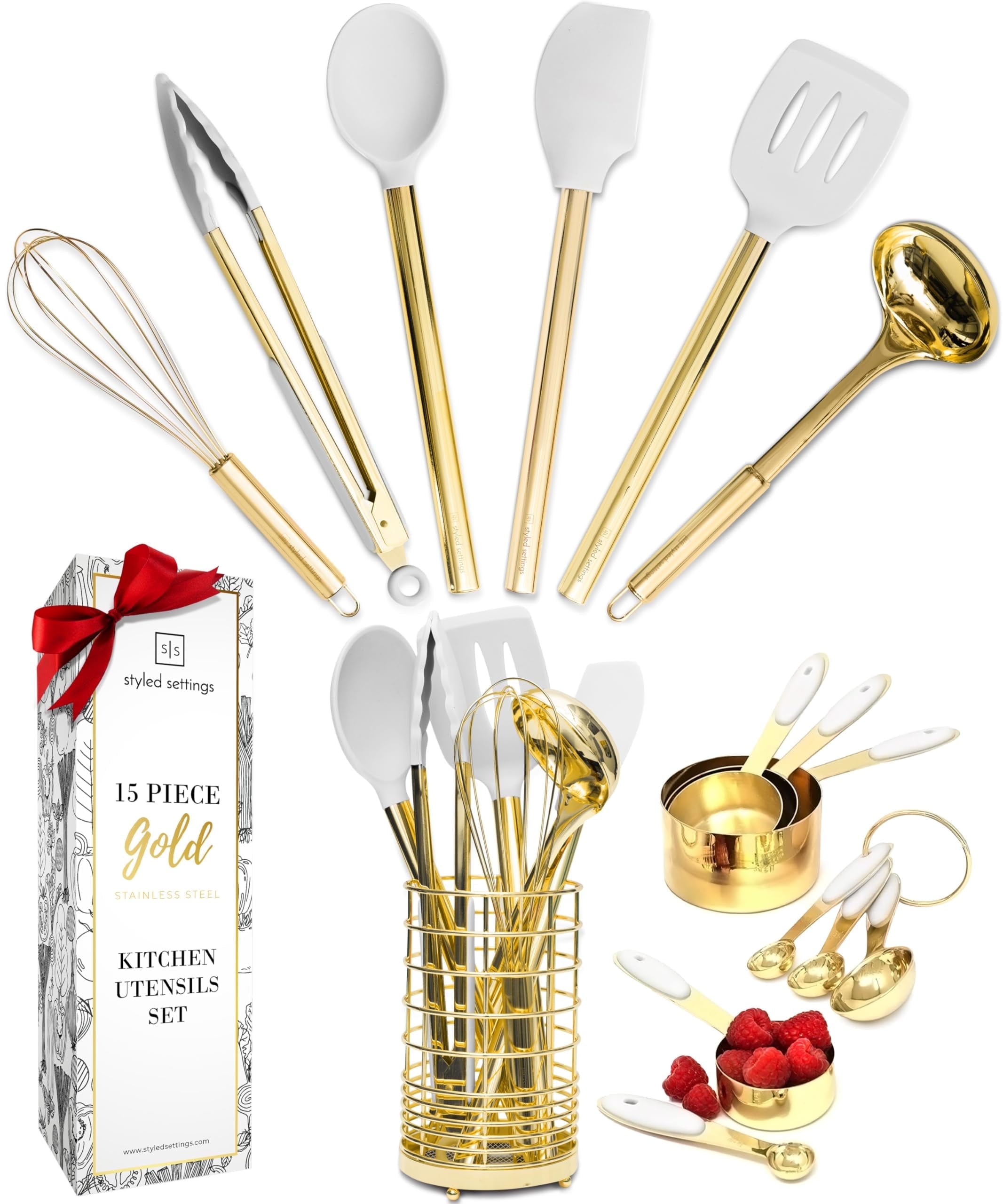 Styled Settings White and Gold Kitchen Utensils Set - 15-Piece Non ...