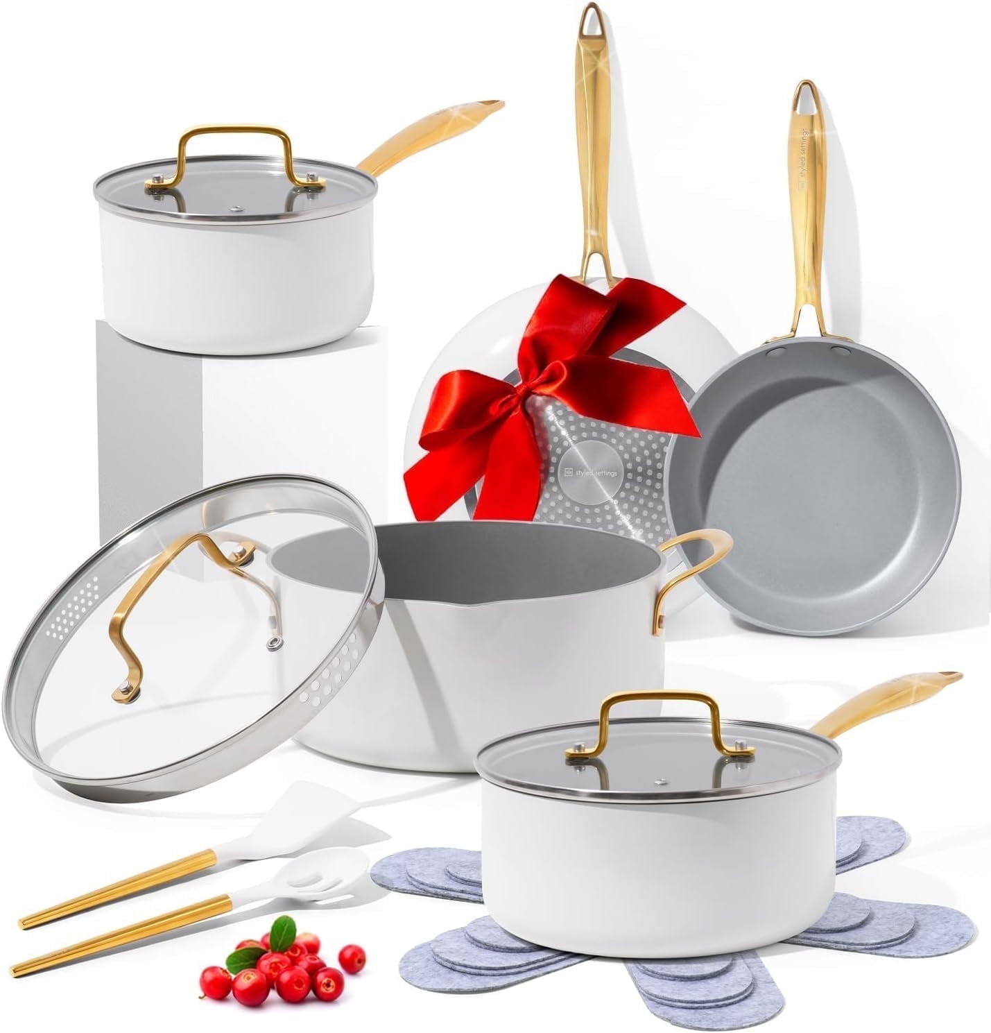 Styled Settings 15-Piece White Nonstick Cookware Set with Gold Kitchen ...