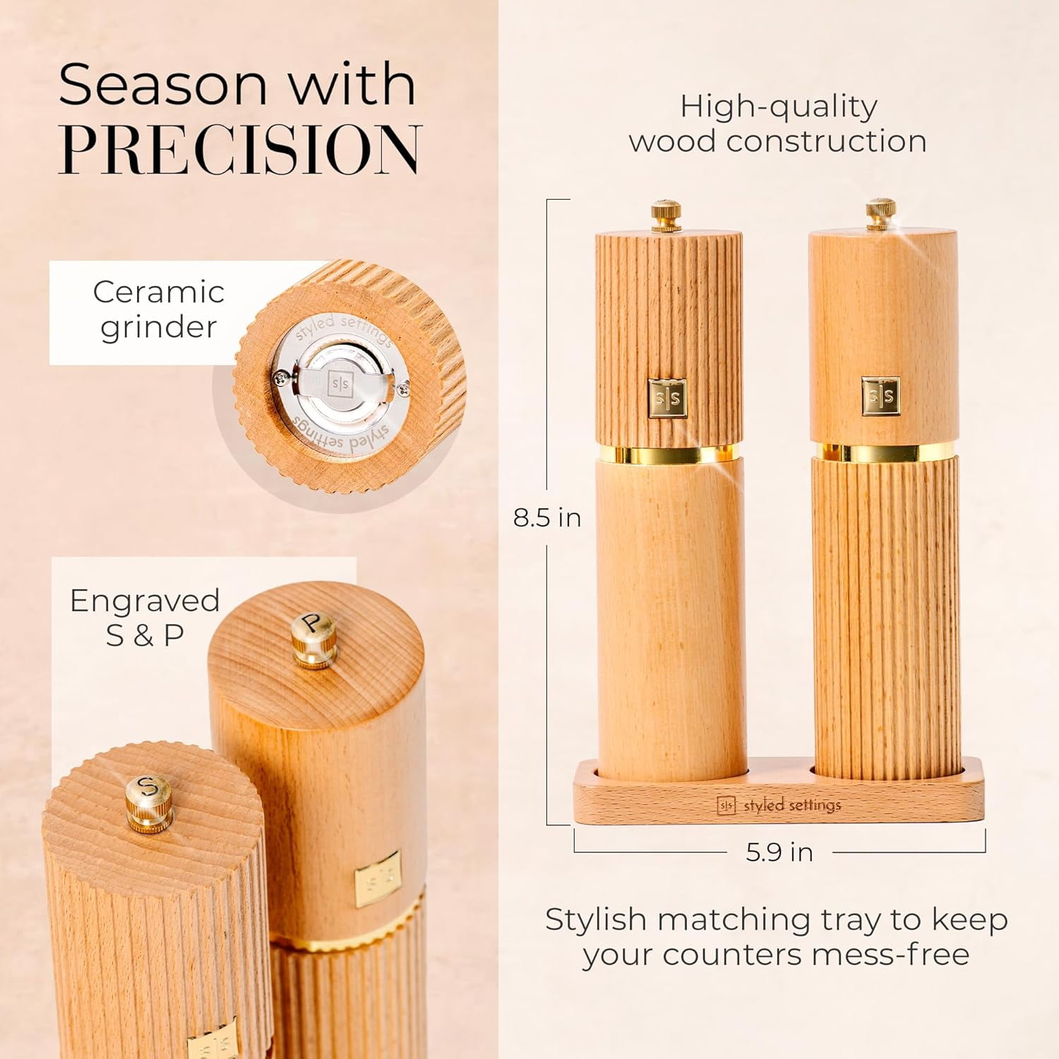 Styled Settings Wooden Salt and Pepper Grinder Set with Gold Accents ...