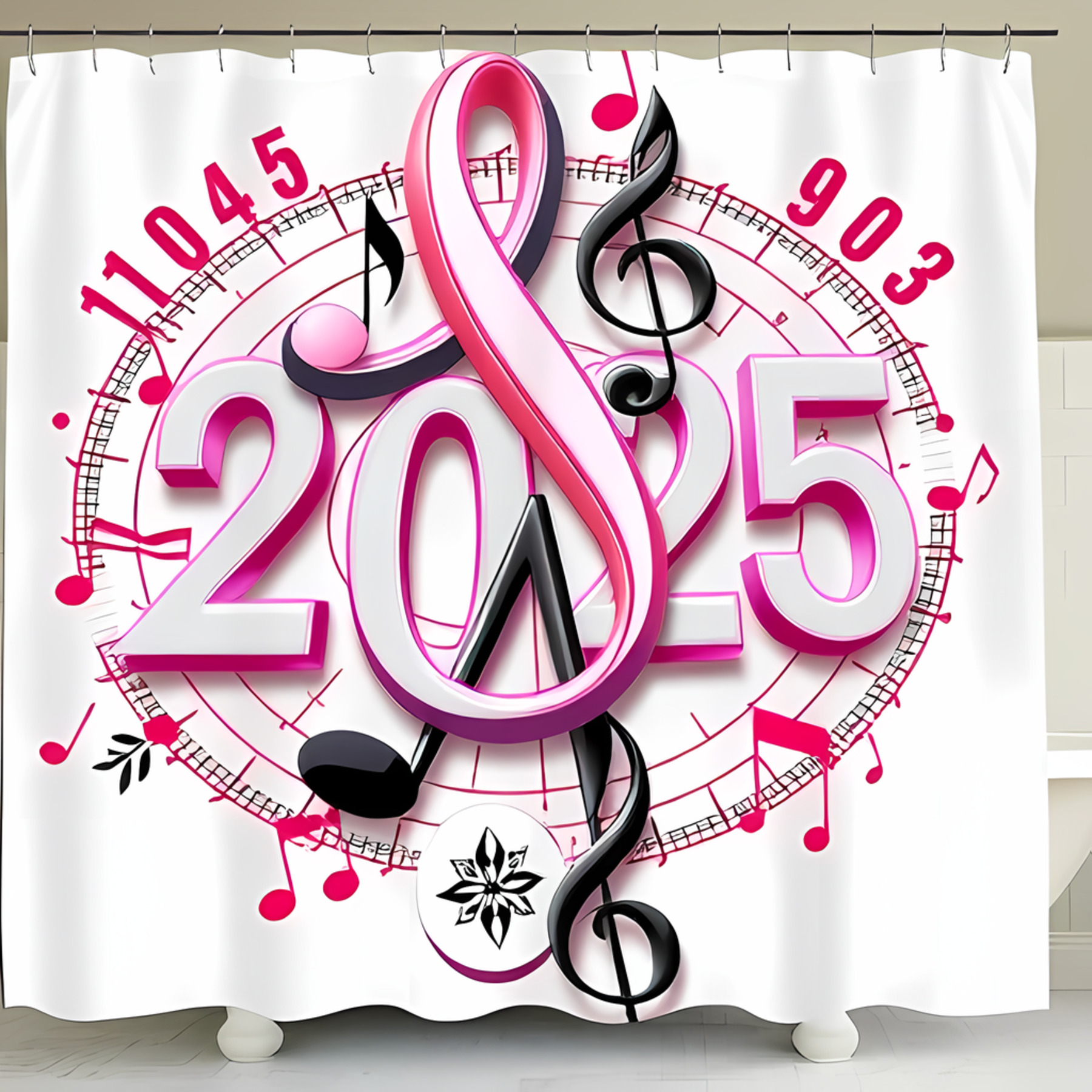 Stylish 2025 Shower Curtain with Pink & White Numerals and Musical ...