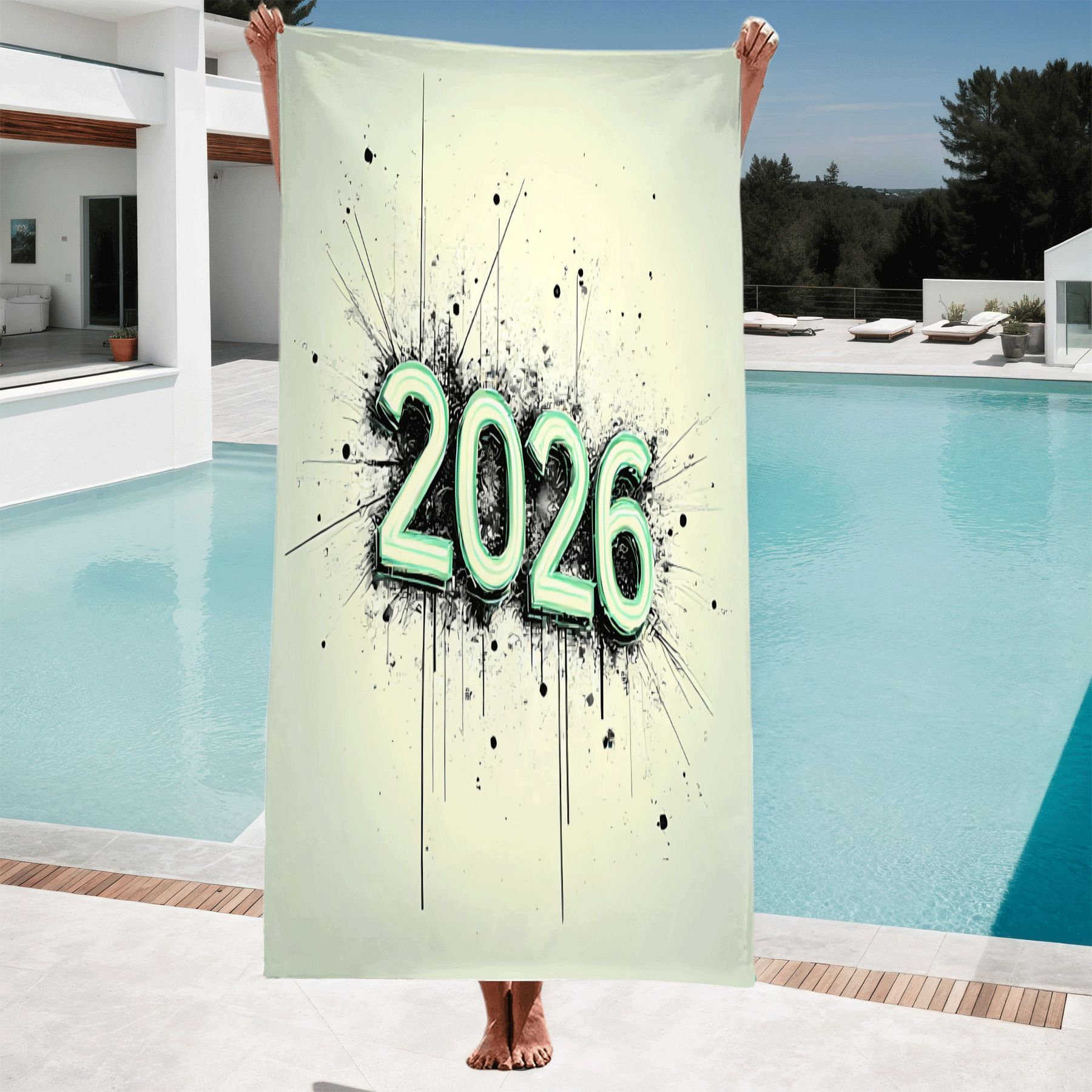 Stylish 2026 Beach Towel - Bold Green & White Outline with Artistic ...