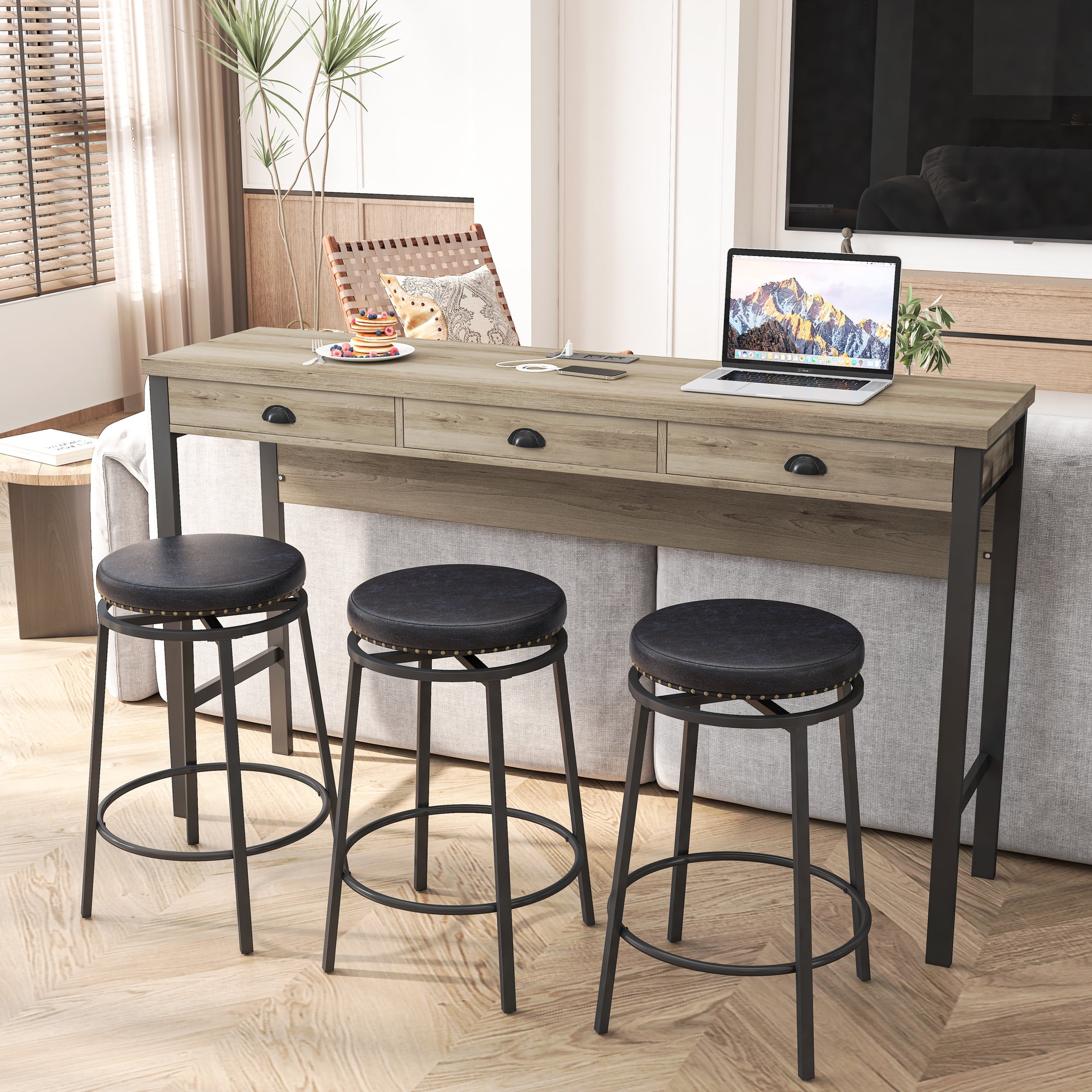 Stylish 3 Dining Table - Power Outlets & Comfortable Pu Seats Brown ...