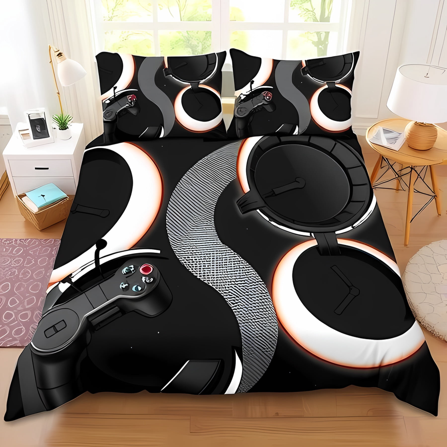 Stylish 3-Piece Black Bedding Set with Futuristic Game Controllers ...